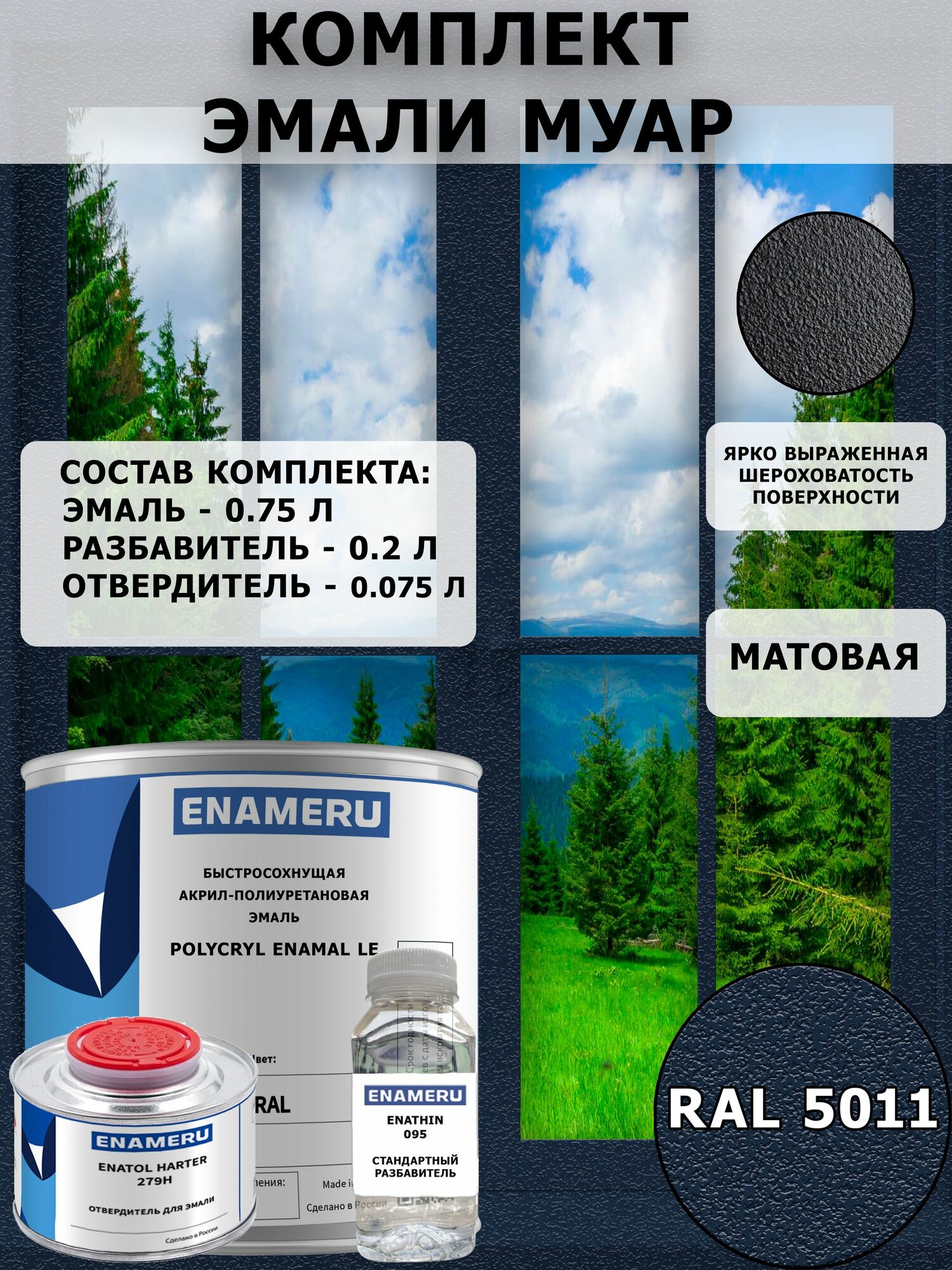Светостойкая эмаль муар для ПВХ и Пластика Энамеру, Акрил-полиуретановая, Матовая, Стальной синий RAL 5011, 1л готовой смеси