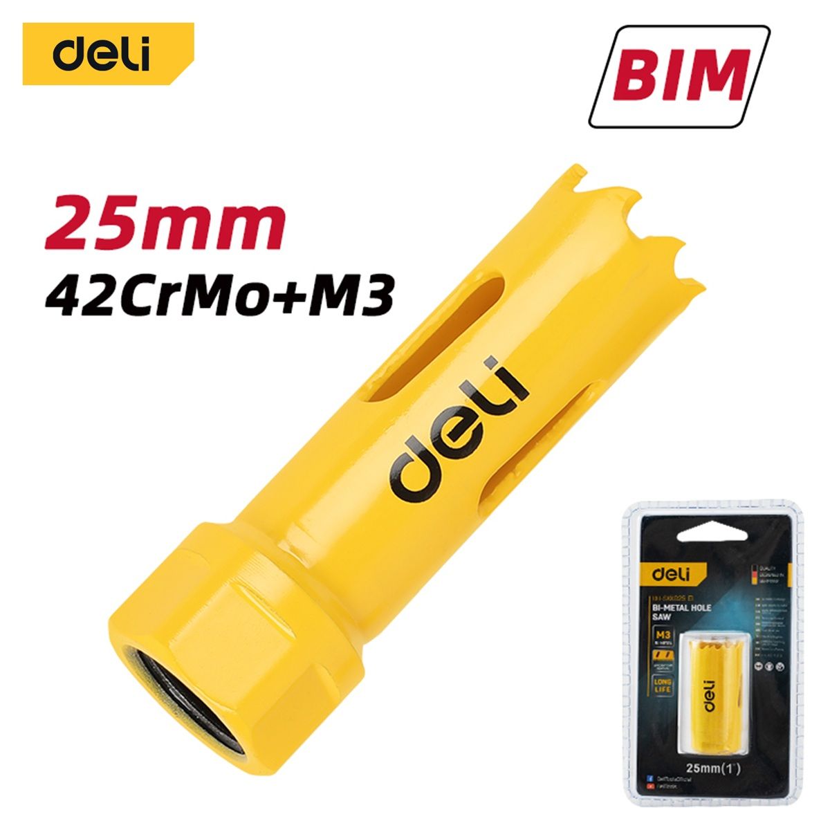 Коронка биметаллическая 25мм Deli DH-SKK025-E1 макс глубина 38мм, шаг зубьев 4-6мм, 42CrMo+M3
