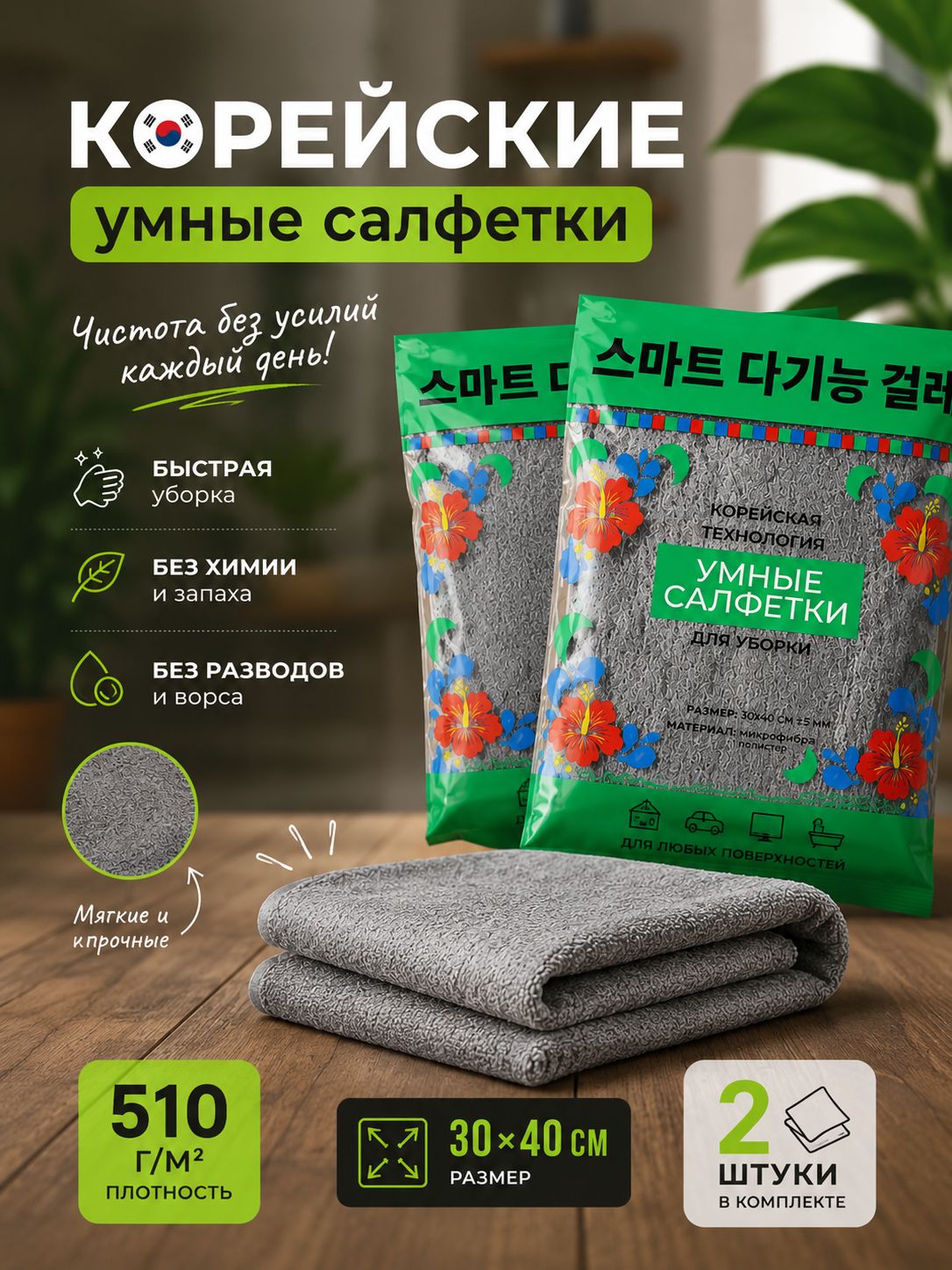 Корейские салфетки для уборки, тряпки для уборки, 2 шт, для стекла, зеркал, экранов и гладких поверхностей, без лишних