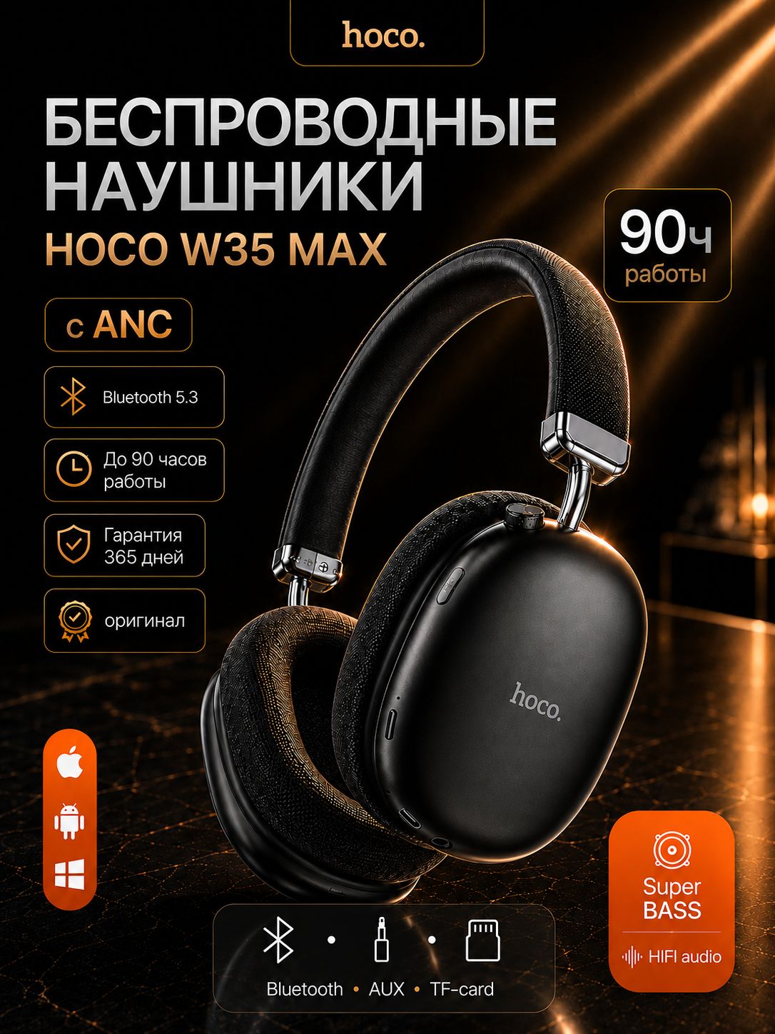 Hoco Наушники с микрофоном Hoco W35 MAX ANC, Bluetooth, 3.5 мм, USB Type-C, черный
