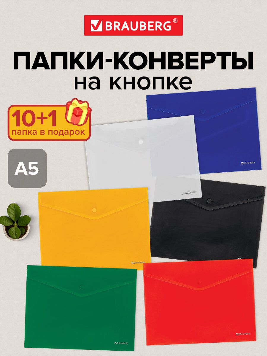 Папка конверт для тетрадей, документов и бумаг А5 с кнопкой, набор 11 штук, канцелярия для школы и офиса, Brauberg