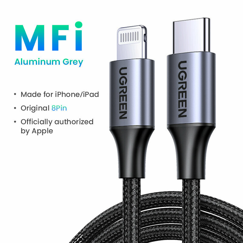 Кабель UGREEN USB C Type-C на Lightning, сертифицированный MFi, для зарядки iPhone 14, 13 Pro Max, iPhone 14 Plus, iPhone 12/11/X/XR/XS/8 Series, iPad 9, AirPods Pro и других устройств.