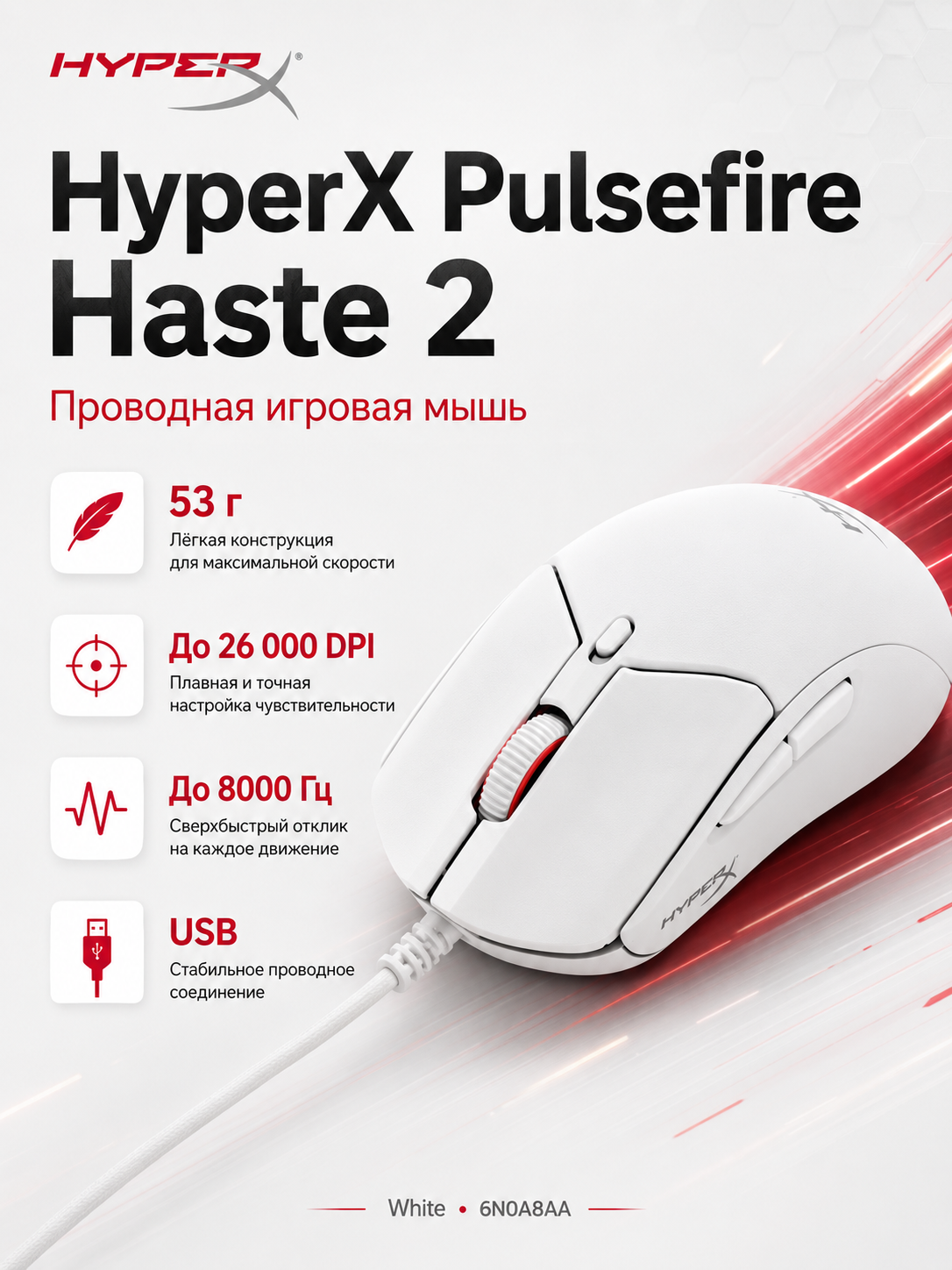 Игровая мышь HyperX Pulsefire Haste 2, проводная, 26000 DPI, 8000 Гц, 53 г, USB, White (6N0A8AA)
