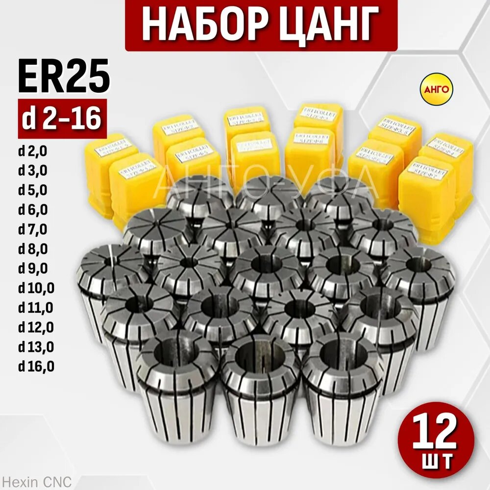 Цанга набор ER25 2-16 мм / 12 шт. Россыпью Цанга зажимная для фрез, сверл с цилиндрическим хвостовиком