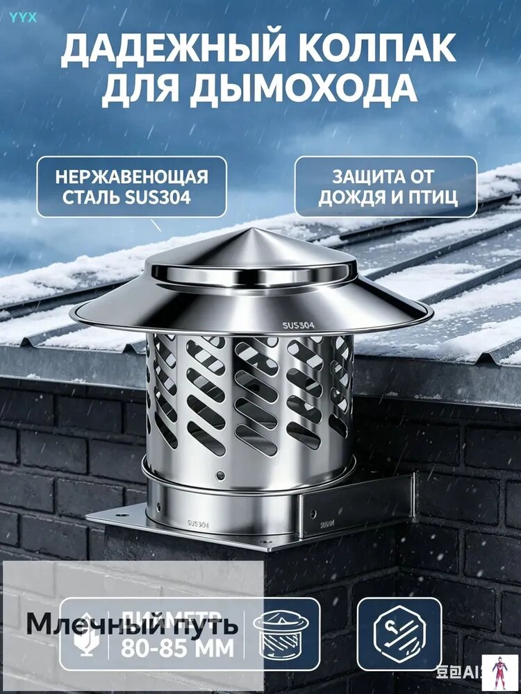 Колпак на дымоход нержавеющий, зонт для вытяжной трубы 80 мм, дефлектор вентиляционный жаростойкий печи и камина