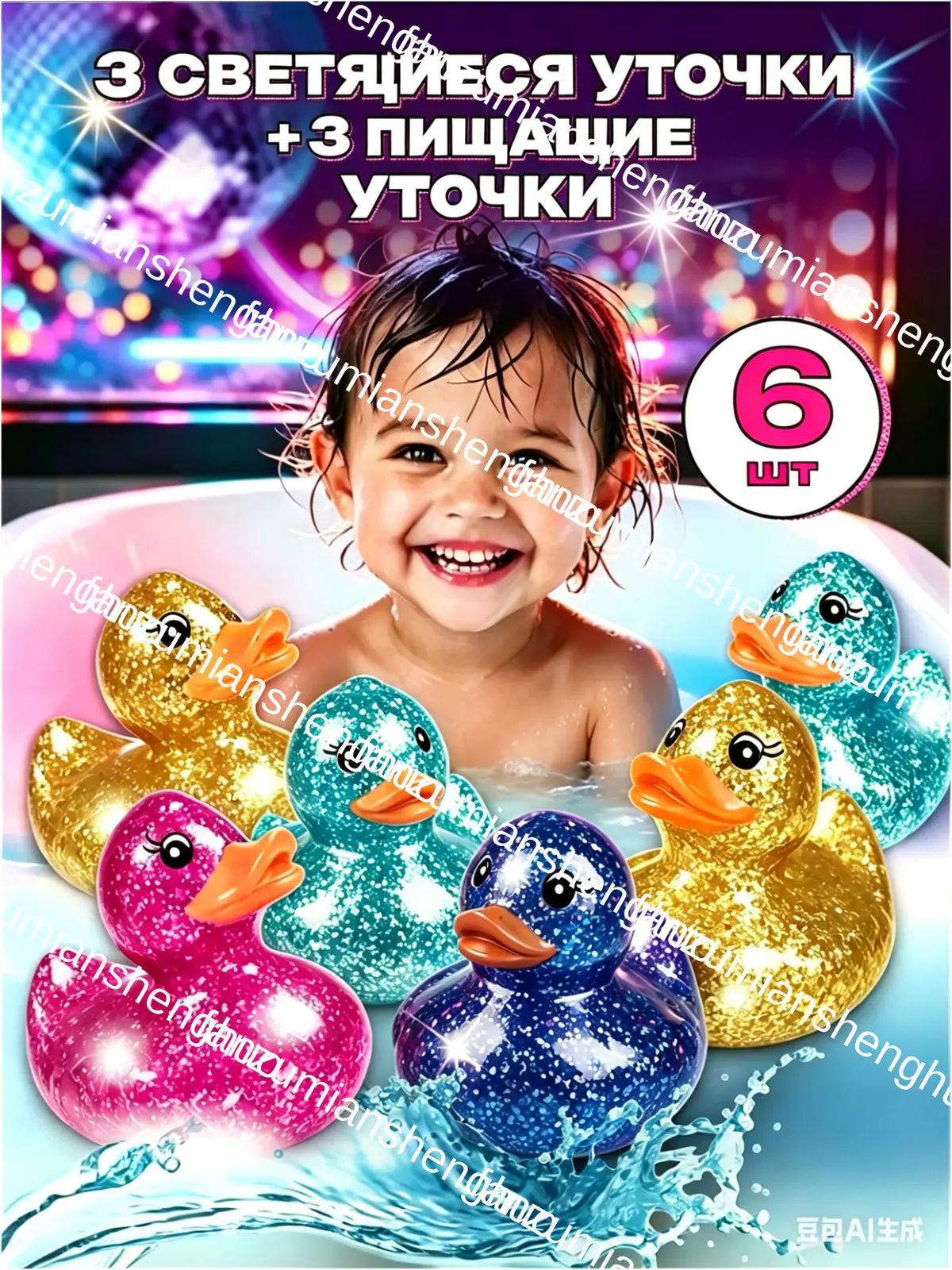 Водонепроницаемые светящиеся уточки для ванной (3 шт.) + пищащие уточки с блёстками (3 шт.), набор из 6 штук