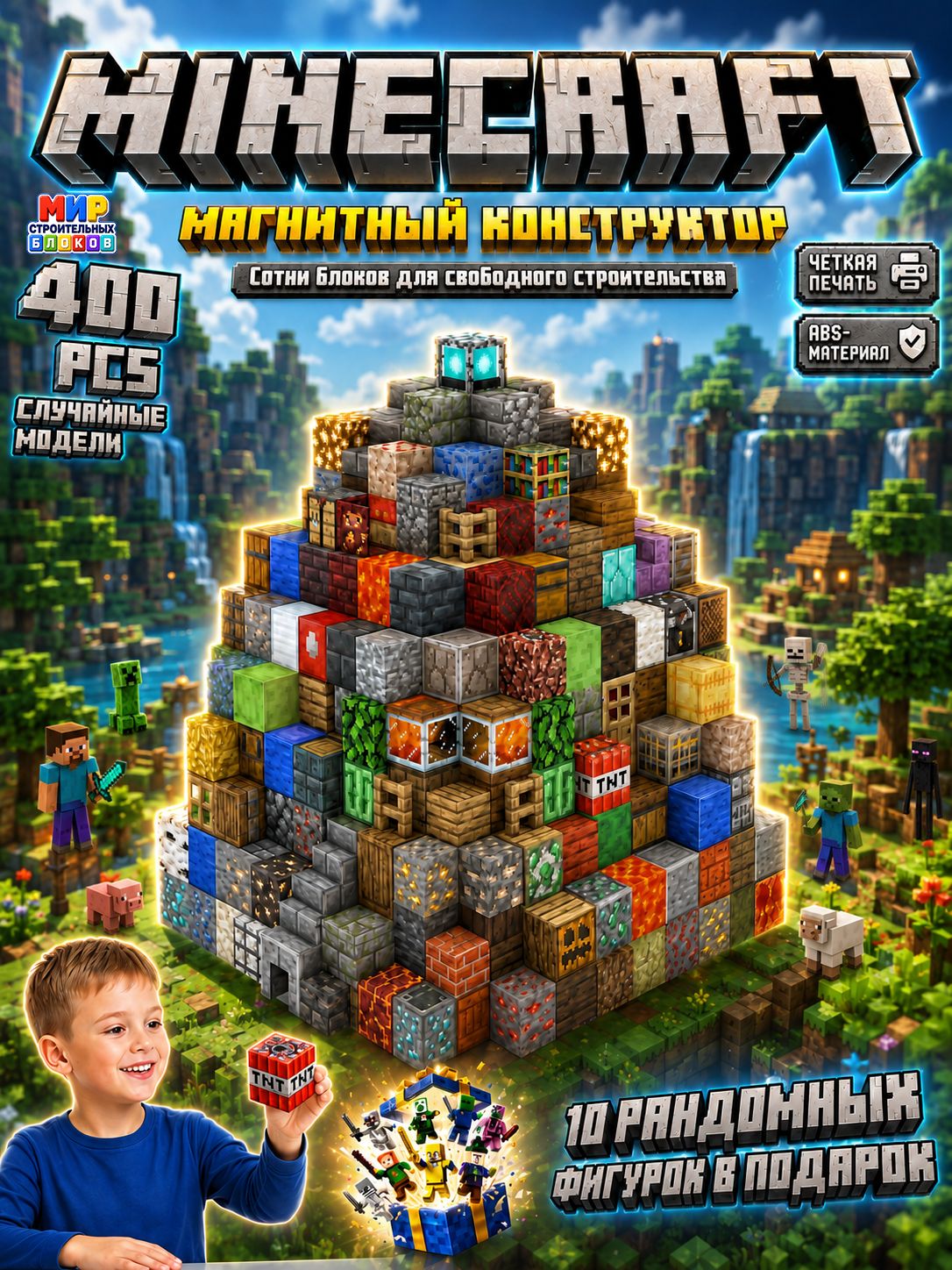 Магнитные строительные блоки, Майнкрафт, Minecraft, сделай сам, 400 cлучайных блоков + 10 фигурок, для мальчиков