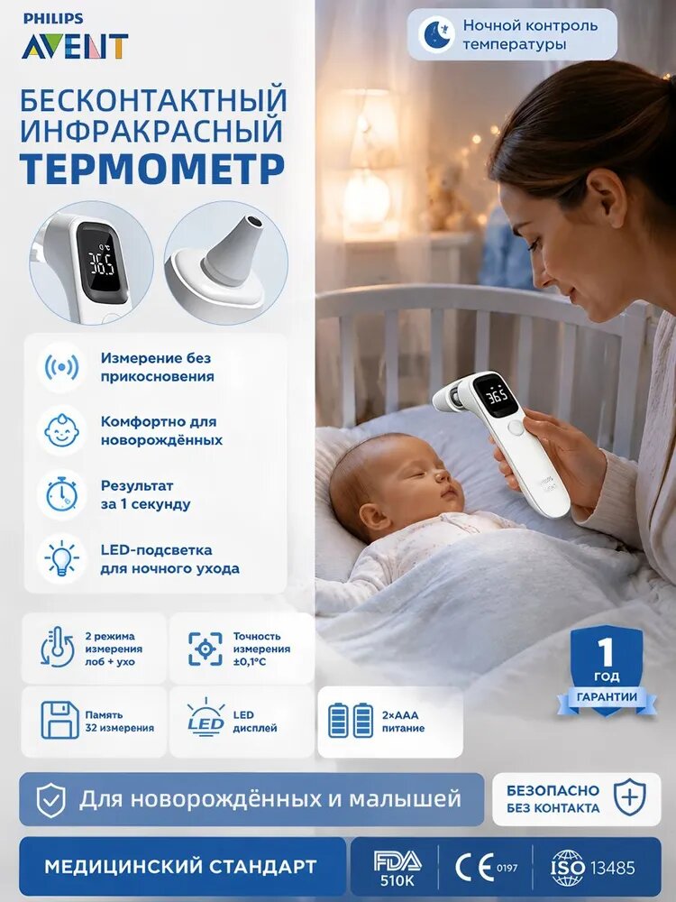 PhilipsAvent Инфракрасный термометр AET-R832. Высокоточный датчик, точность 0,1 C. Мягкий свет LED, измерение за 1 секунду