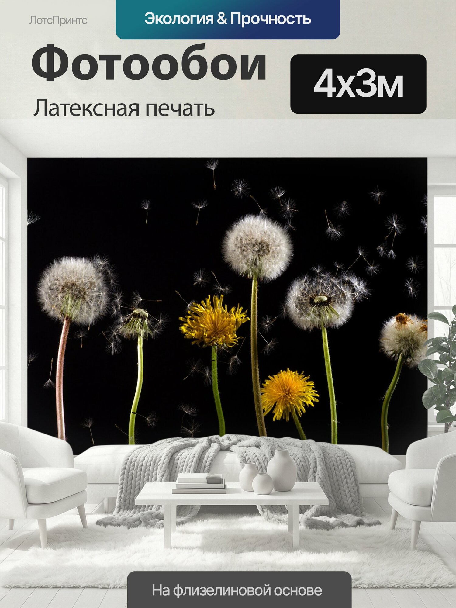 Фотообои моющиеся ударопрочные "Одуванчики, цветы, голова семян" 400x300 см. латексная печать