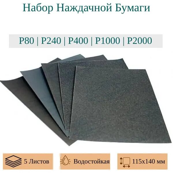 Наждачная Бумага Мини набор №1 из 5 Листов Зернистость Р80-240-400-1000-2000 Водостойкая шлифовальная шкурка 115х140 мм