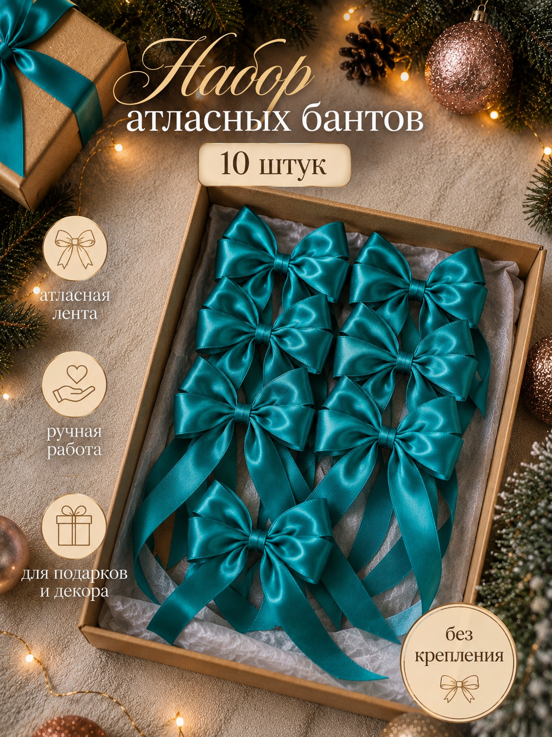 Бантики для елки - 10 штук/бантики для декора/бантики для бабл шаров/новогодние украшения/атласные/цветные