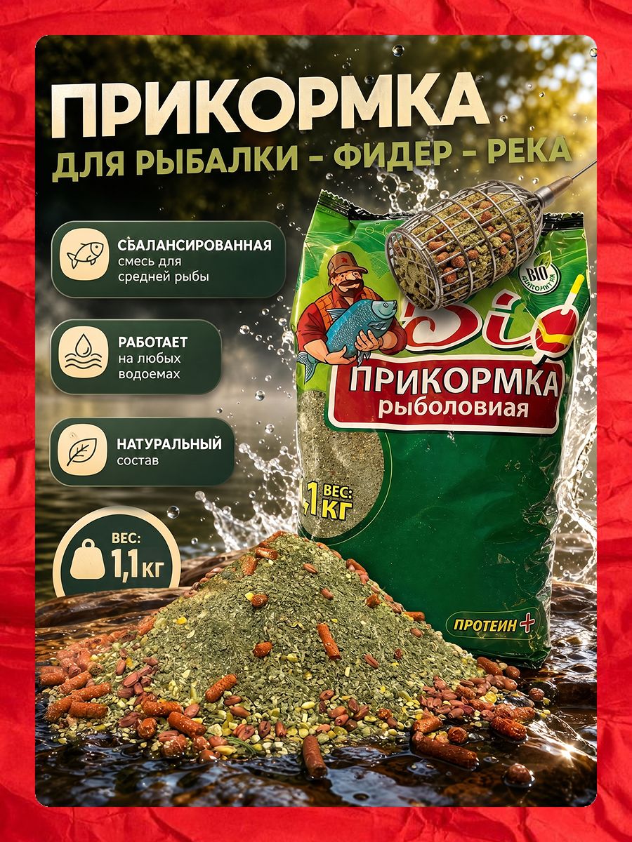 Прикормка для рыбалки фидер река (Смесь БИОприкорм, 1,1кг) для карпа, карася, леща биотехнология