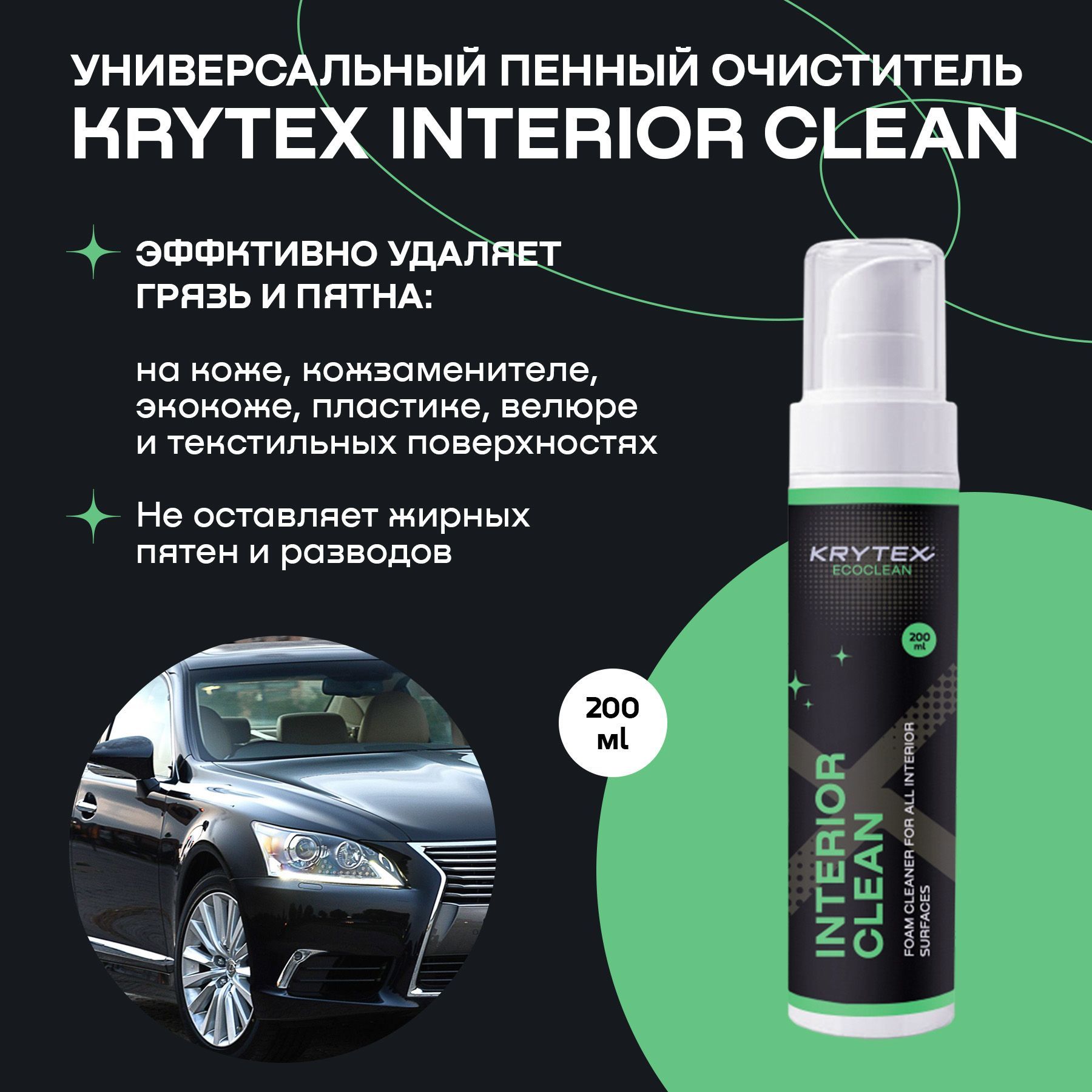 Универсальный очиститель KRYTEX INTERIOR CLEAN для интерьера автомобиля (текстиль, велюр, пластик, кожа, алькантара) 200 мл
