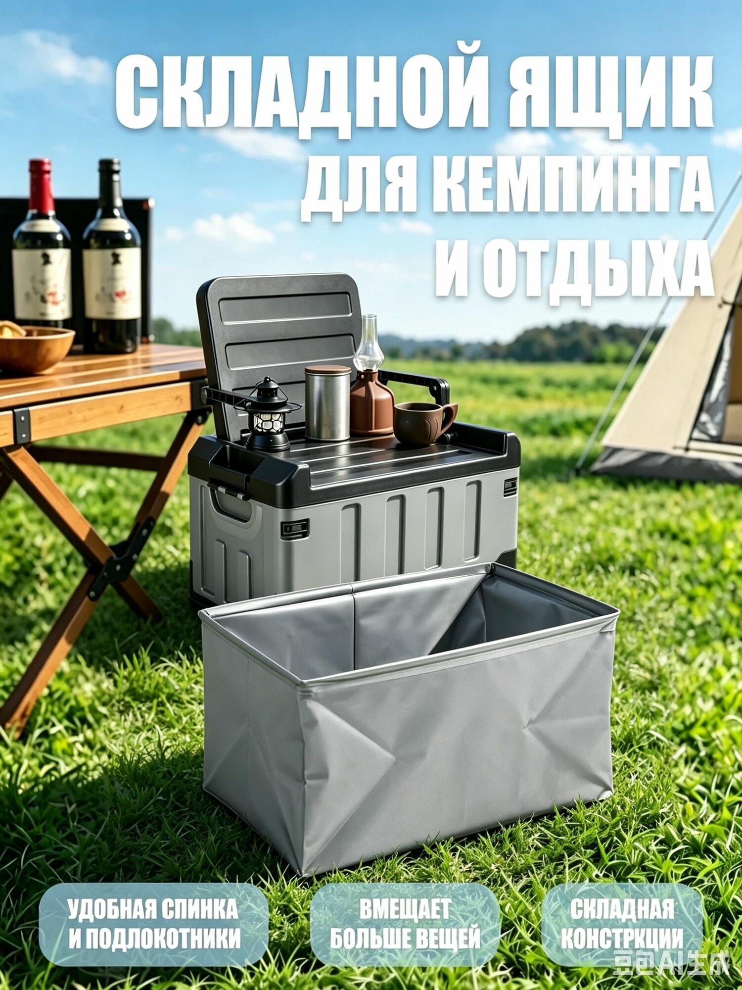Складной кемпинговый ящик с сиденьем и спинкой + водонепроницаемый вкладыш, 60 л
