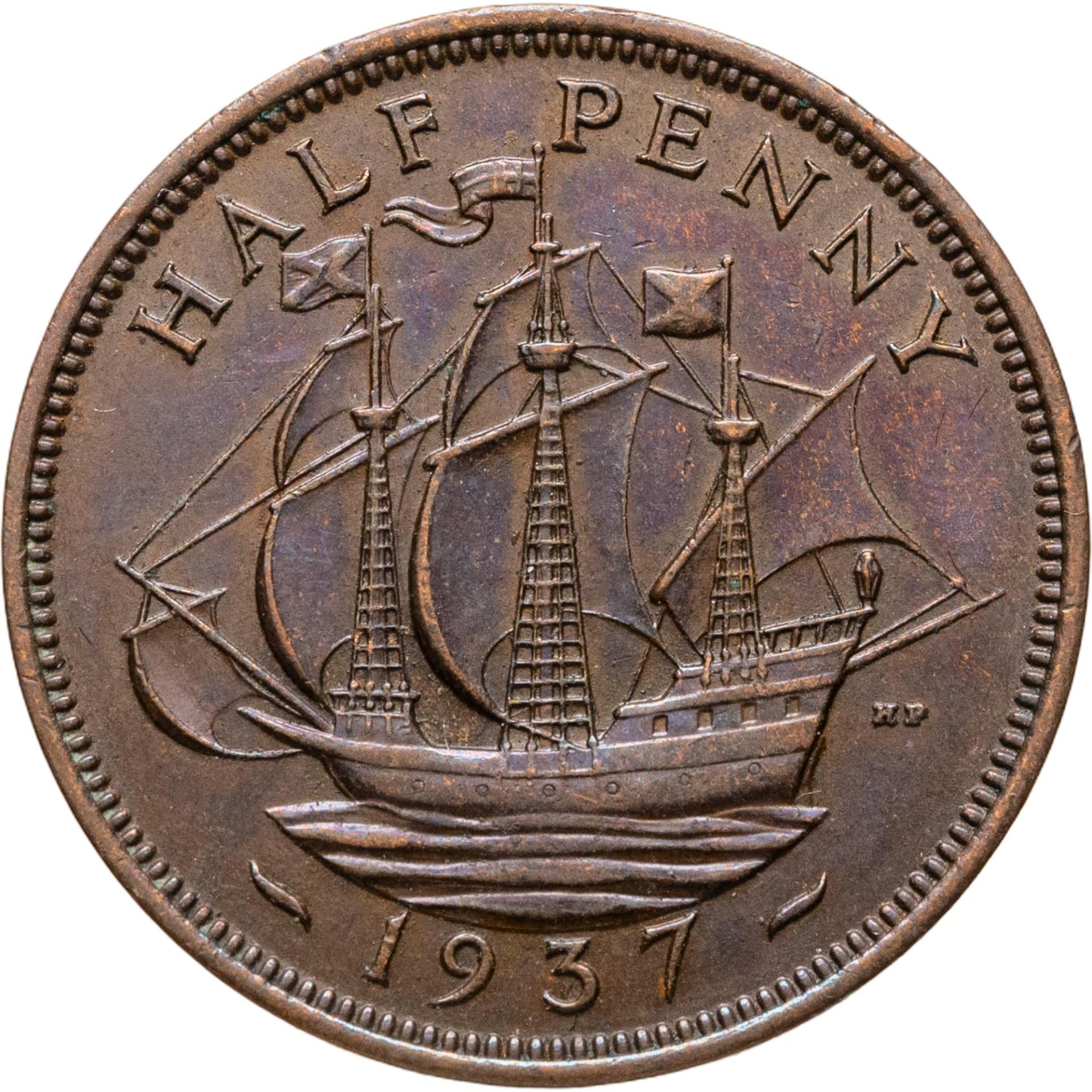 Великобритания 1/2 пенни penny 1937, Бронза, в сохранности XF-AU