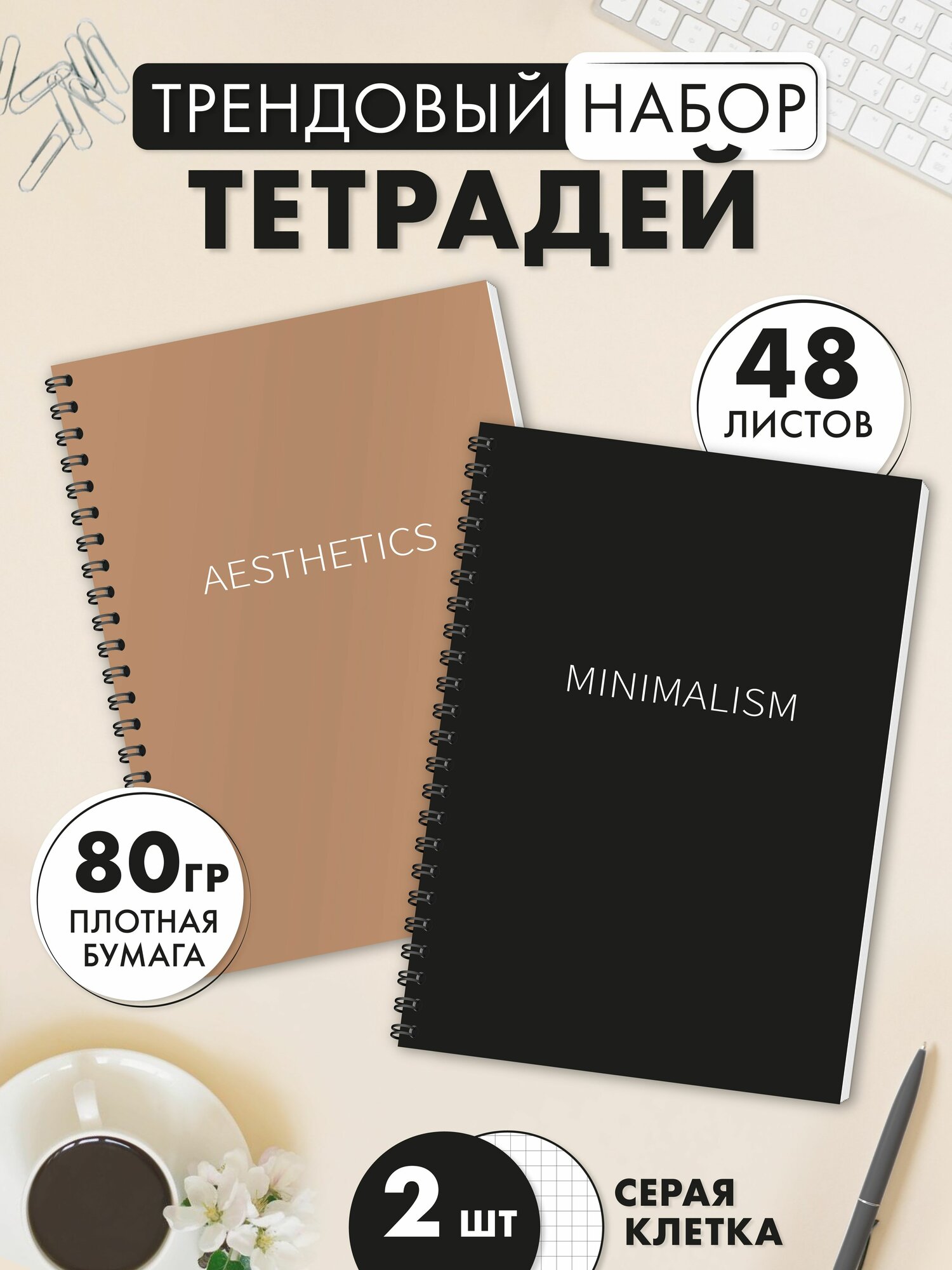 Тетрадь 48 листов в клетку на пружине набор 2 шт общие А5 "Minimalism+Aesthetics"