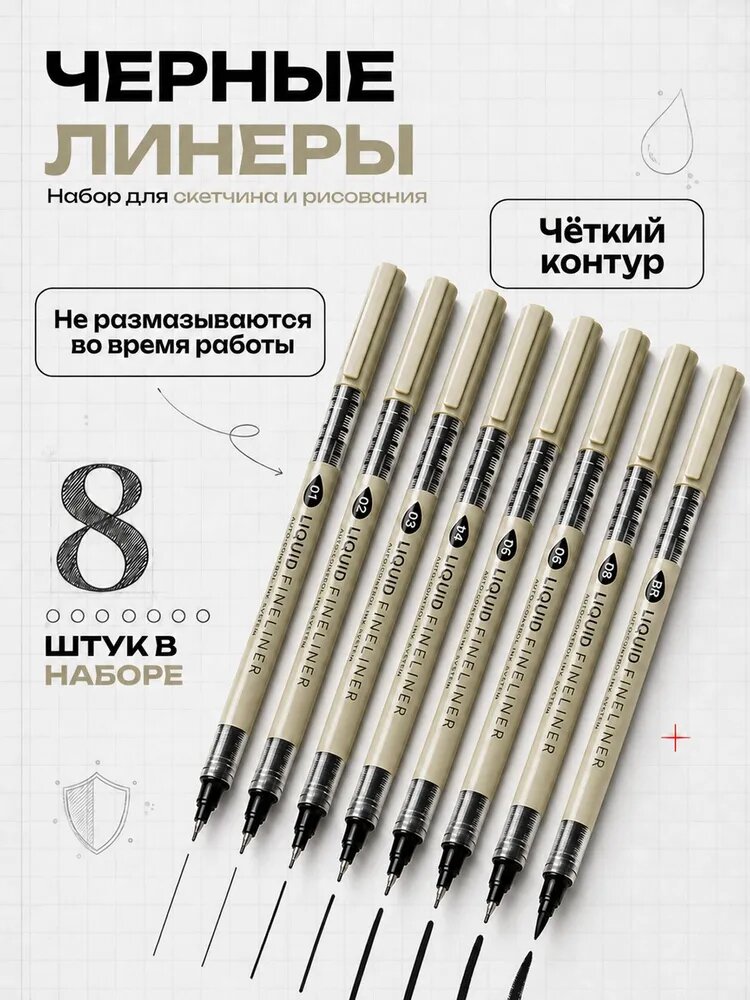 Линеры пигментные для скетчинга и рисования / черные капиллярные ручки для письма и черчения набор 8 шт