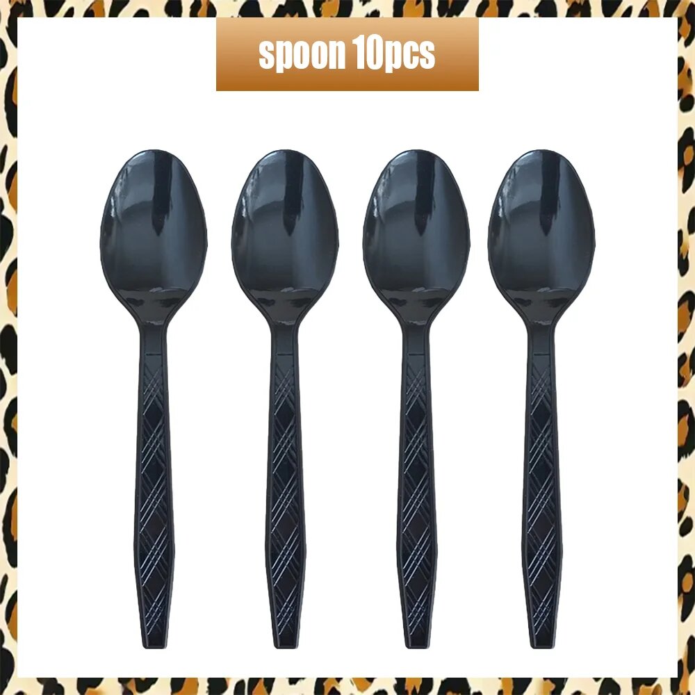Леопардовый набор для детской вечеринки Черный, spoon 10pcs