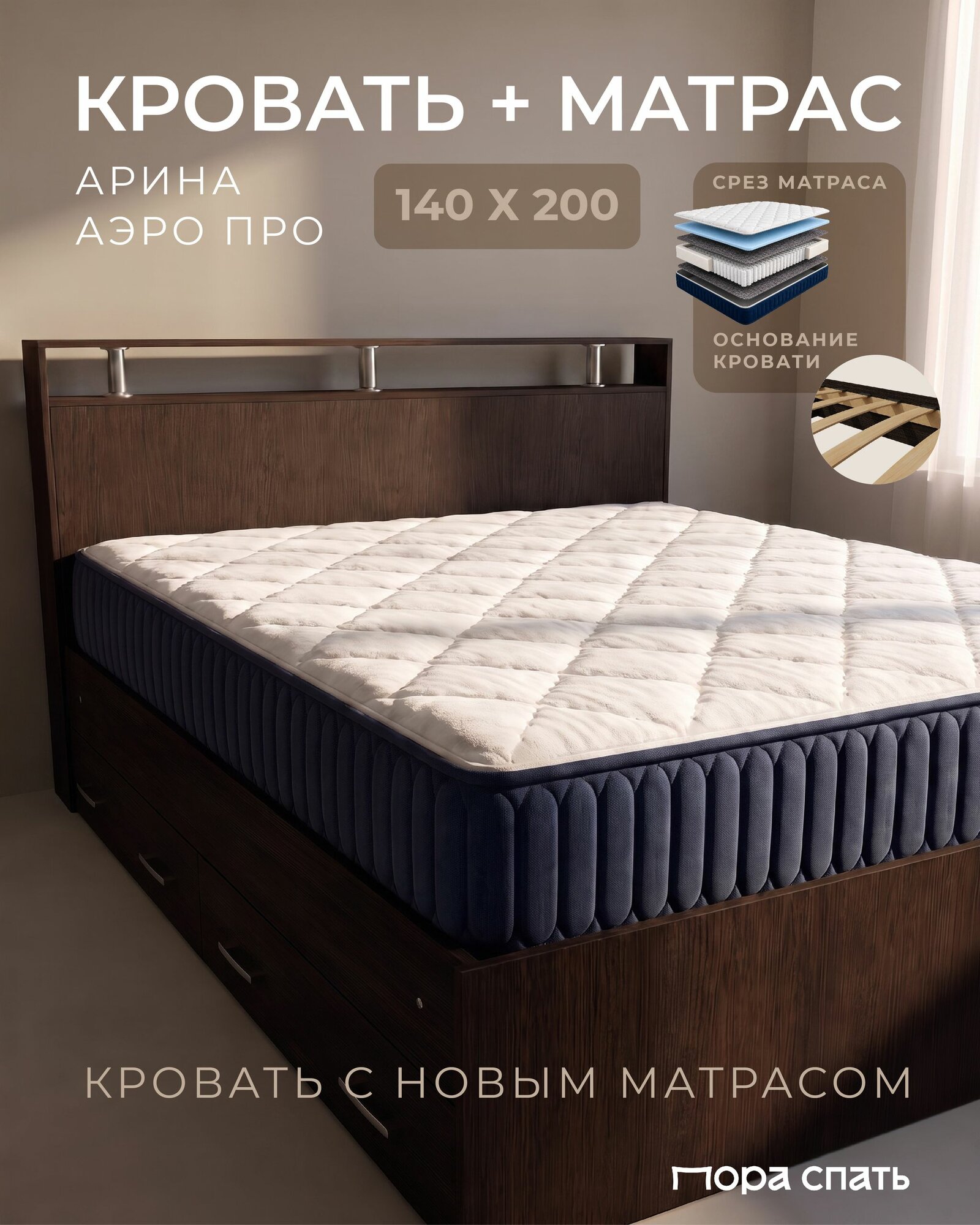 Кровать двуспальная 140х200 с матрасом в комплекте арина, венге, с ящиками