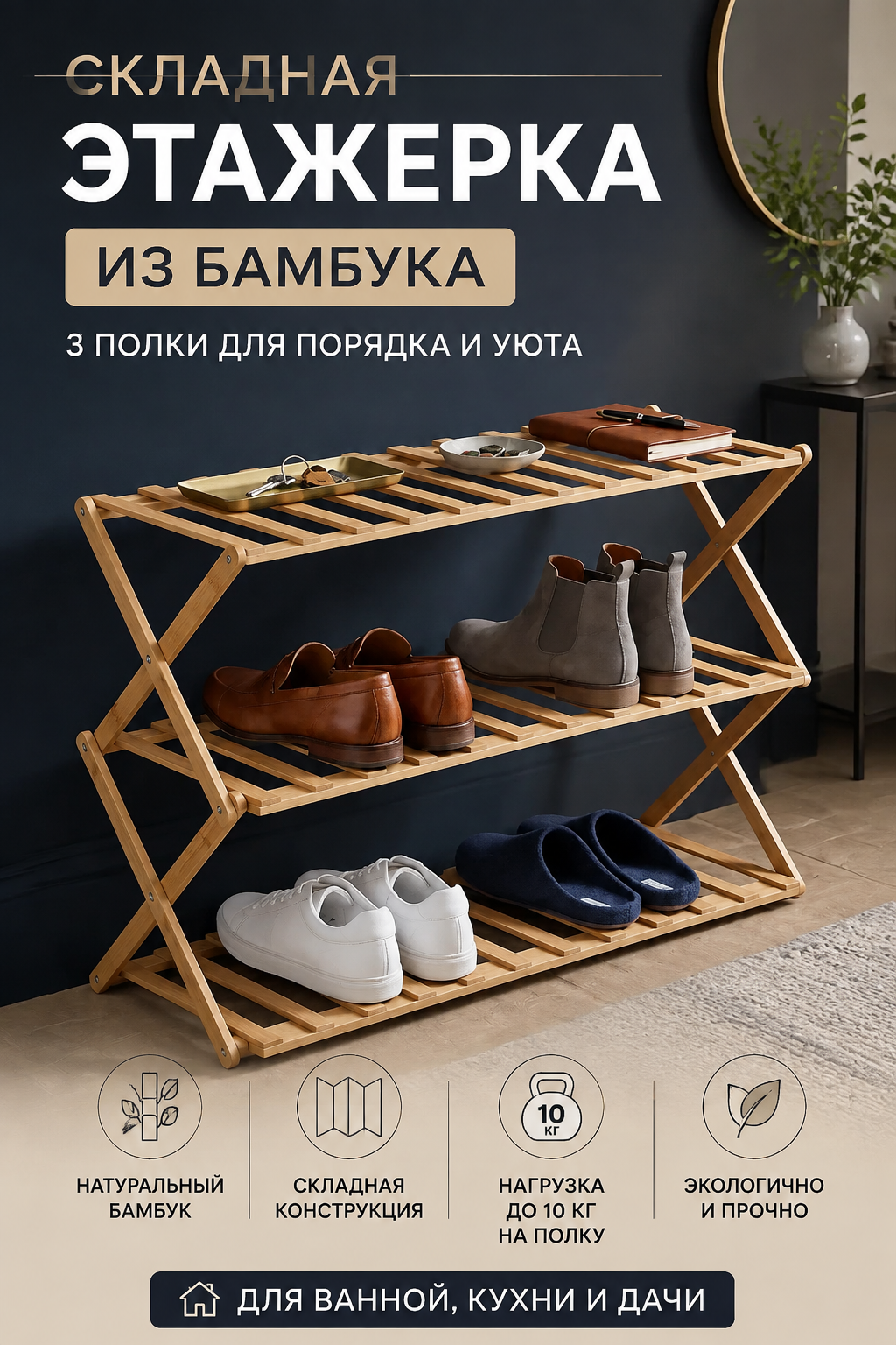 Складная этажерка из бамбука, 3 полки, для ванной, кухни и дачи, 68x25x45 см