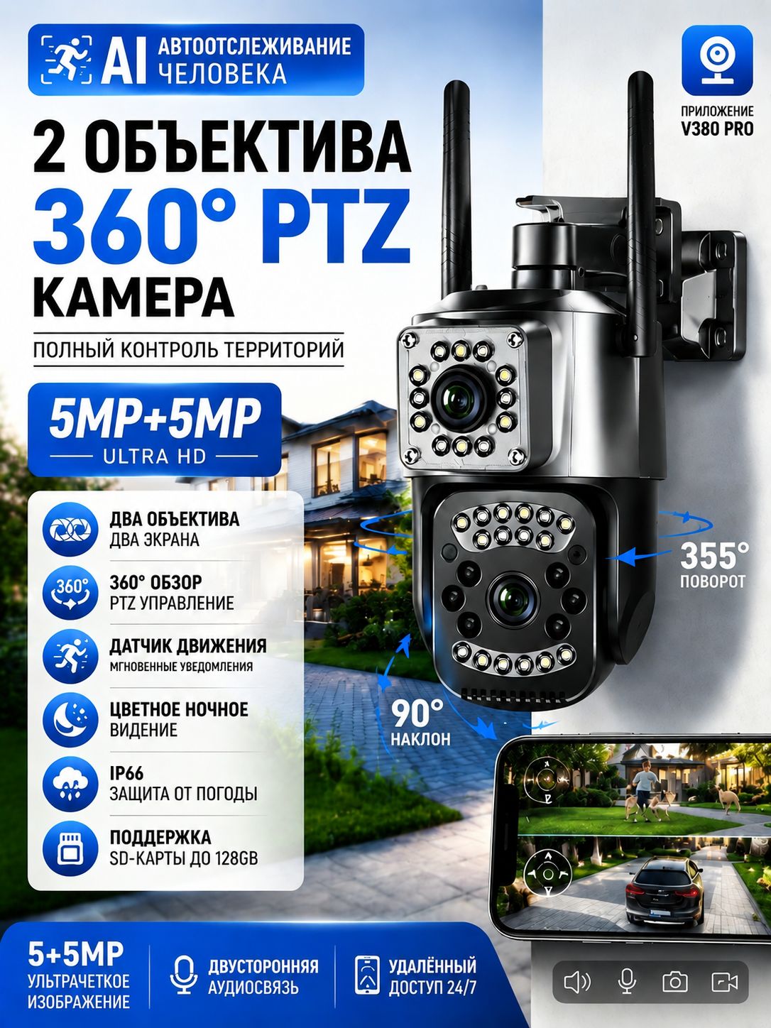 Камера видеонаблюдения уличная Wi-Fi PTZ с двумя объективами 5MP+5MP, AI автоотслеживание человека, поворот 360, ночное видение, двусторонняя связь, IP66