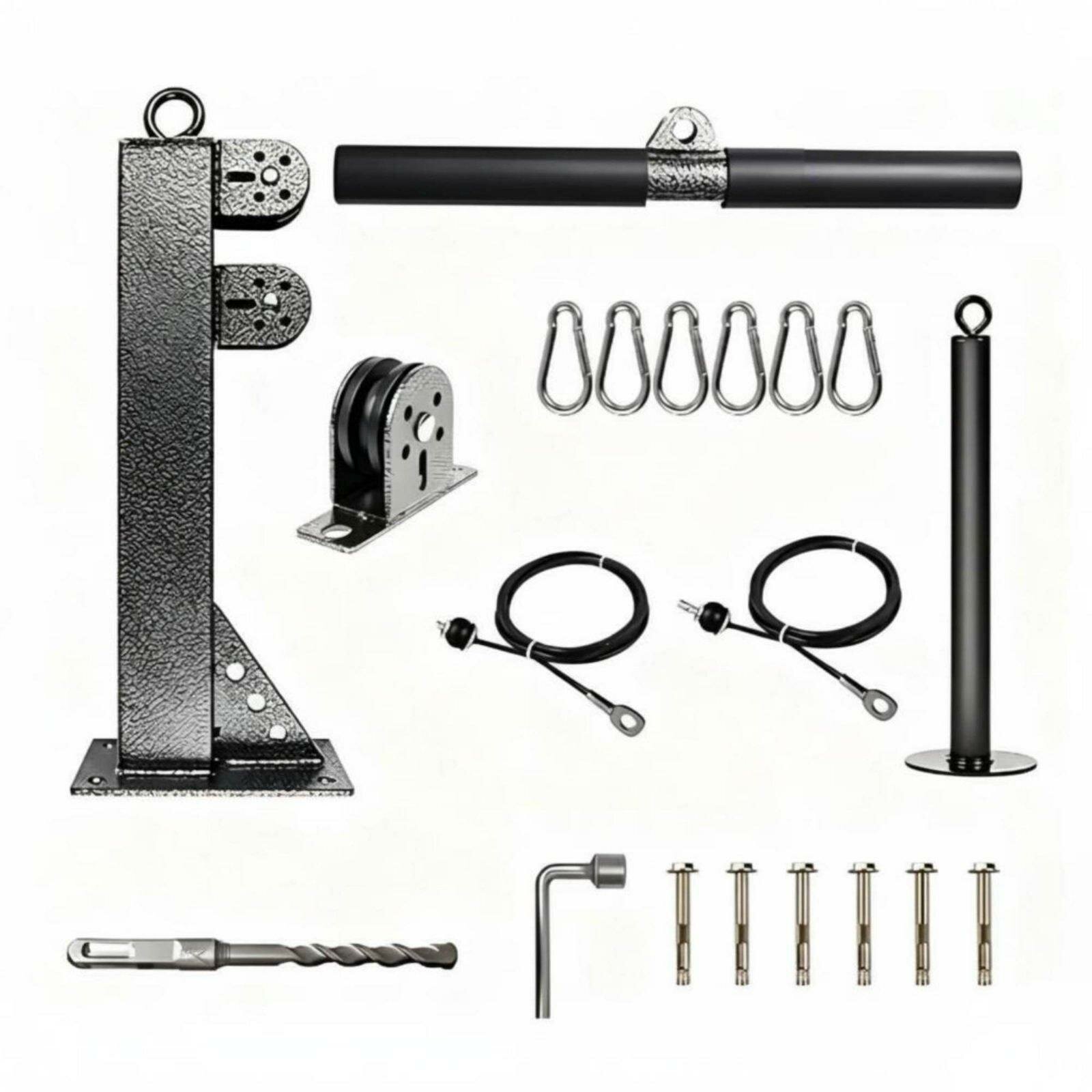 Настенная система тросовых тренажеров с блочным механизмом. Компактная система для силовых тренировок. Комплект тросов для тренировки всего тела в домашнем спортзале. Подходит для бодибилдеров.