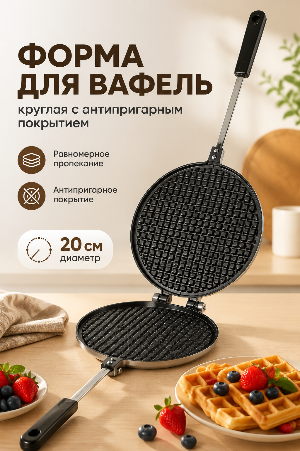 Круглая форма для вафель из алюминия с антипригарным покрытием, 20 см