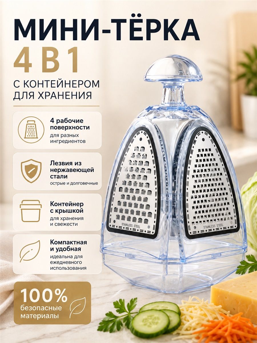 Мини тёрка 4 в 1 с контейнером для кухни