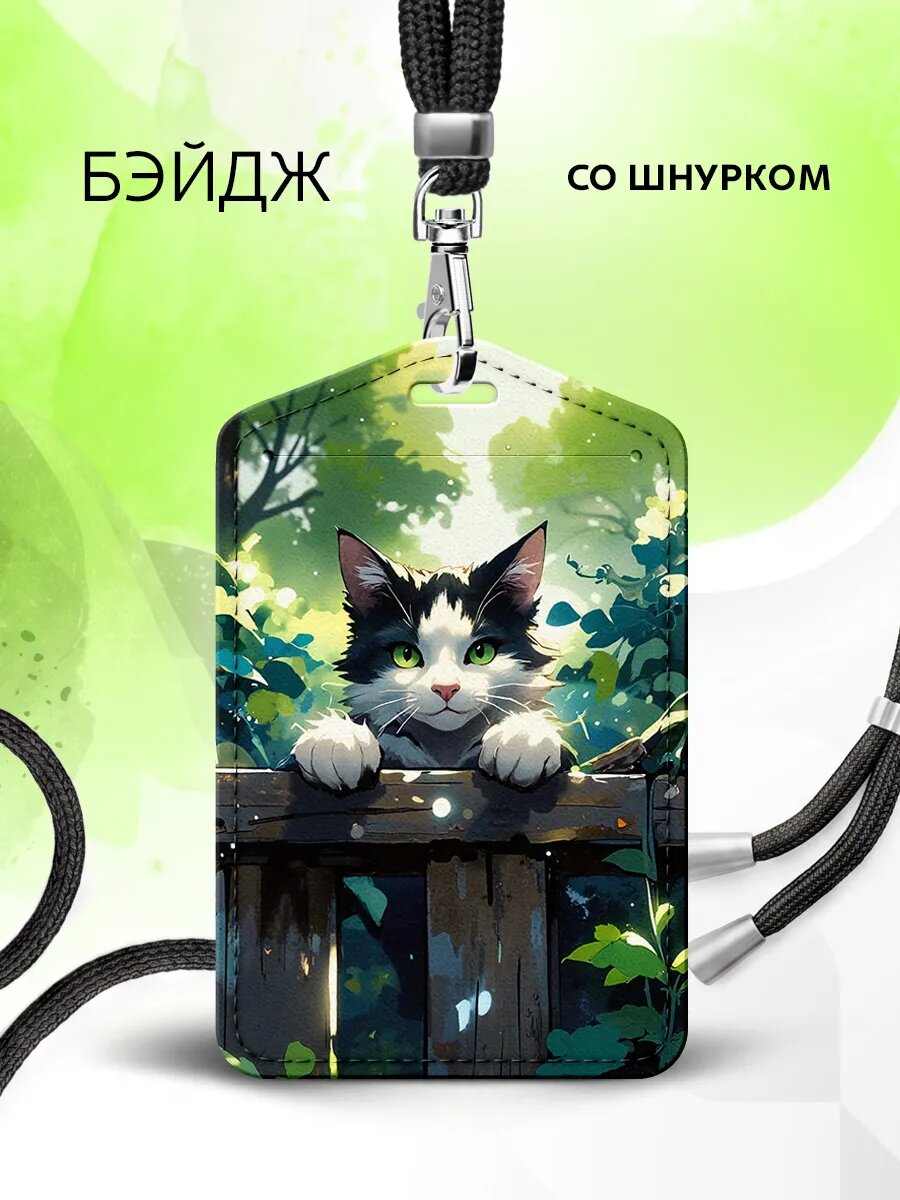 Бейдж на пропуск из натуральной кожи с креплением на шнурке и картинкой