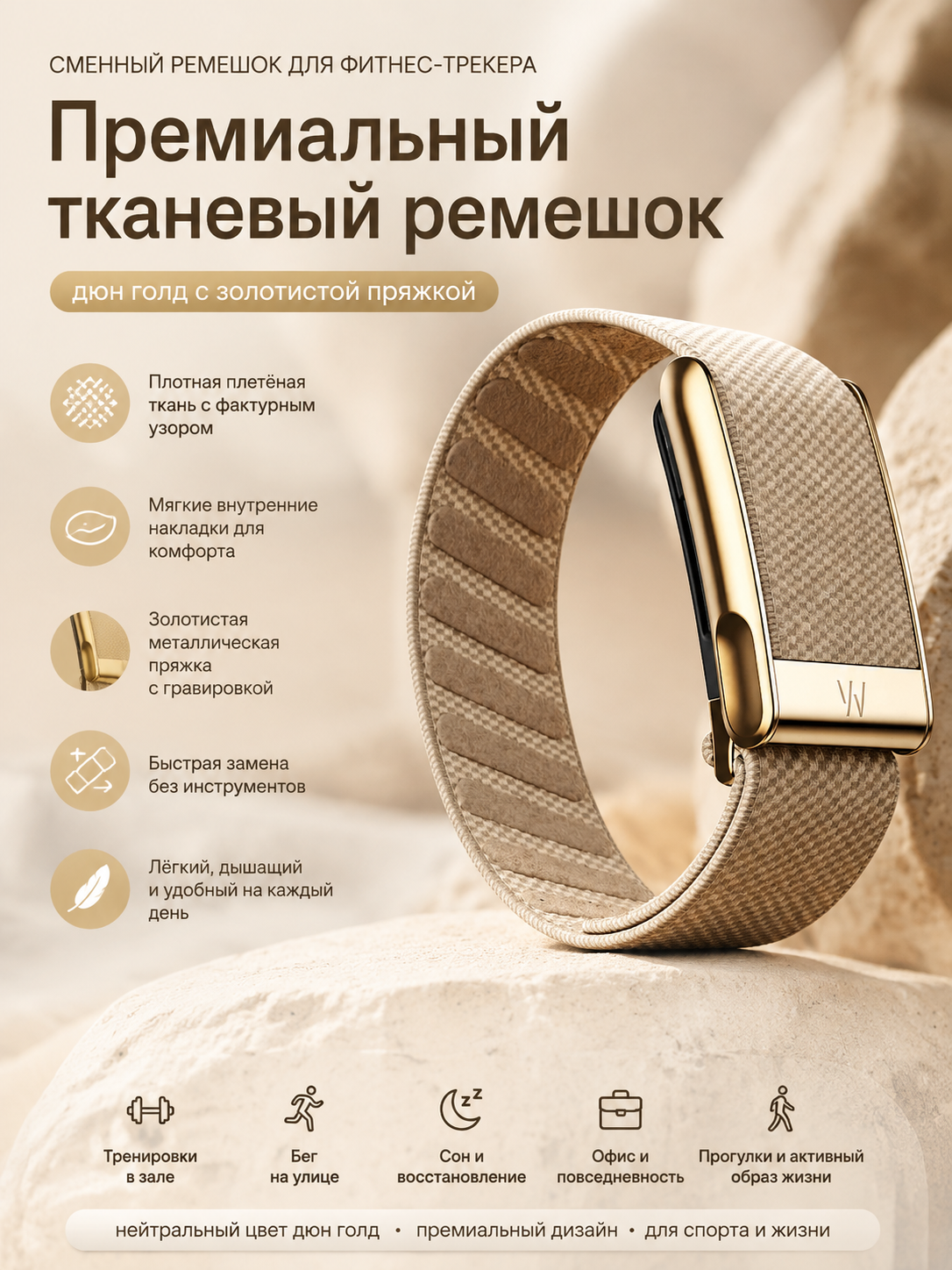Премиальный сменный тканевый ремешок для фитнес-трекера, дюн голд, с золотистой пряжкой