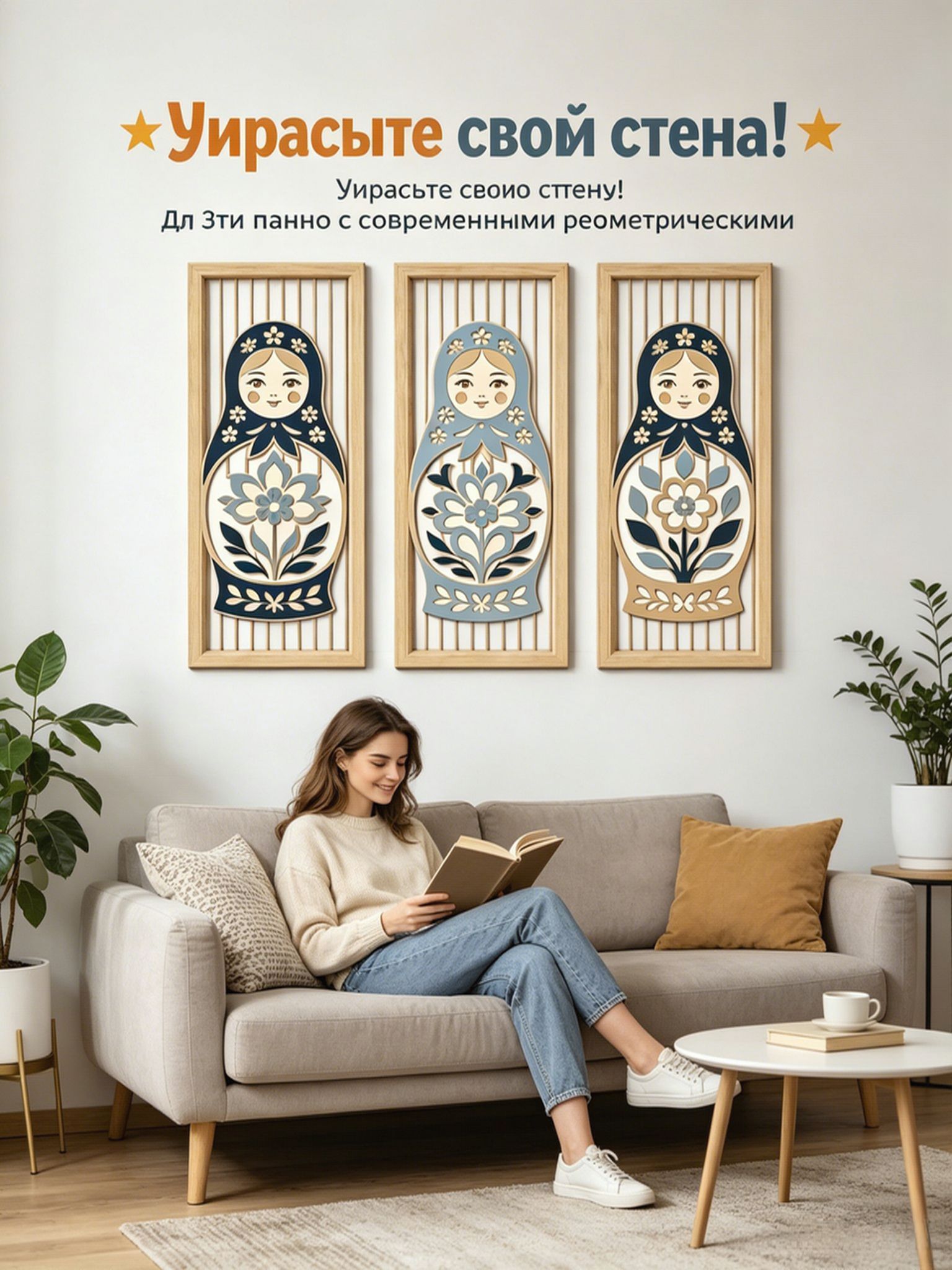 Набор из 3 резных деревянных панно с матрешкой в голубых тонах русский национальный настенный декор для гостиной и спальни