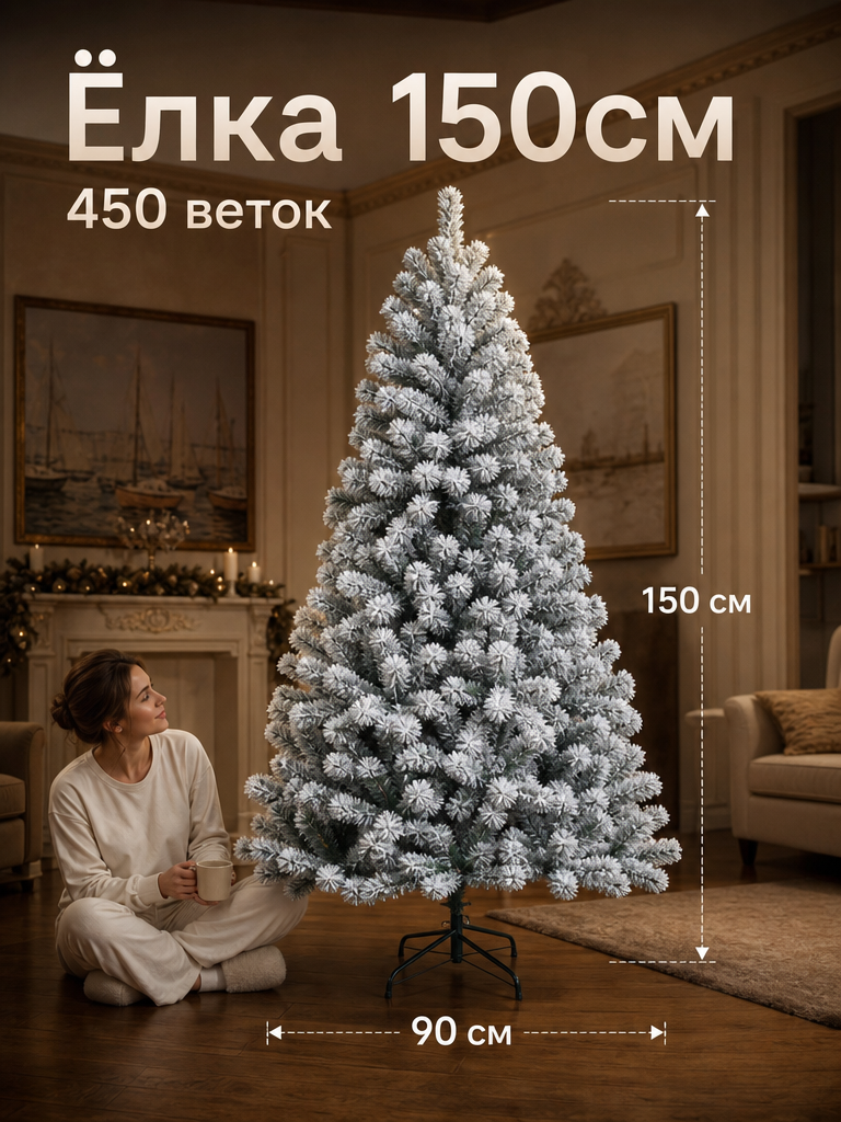 Искусственная новогодняя заснеженная ель, 150 см, 450 веток, густая, ПВХ