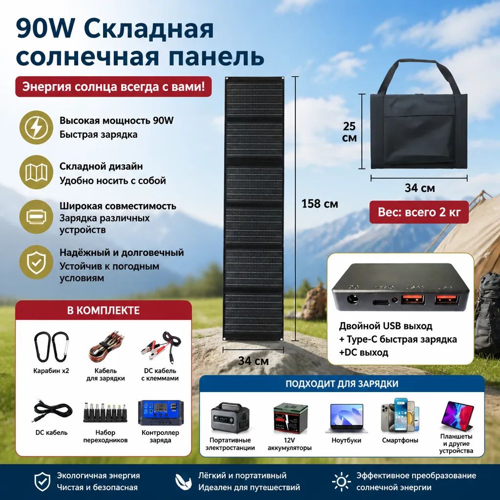 Складная солнечная панель мощностью 90 Вт, с двумя USB-портами и кабелем постоянного тока