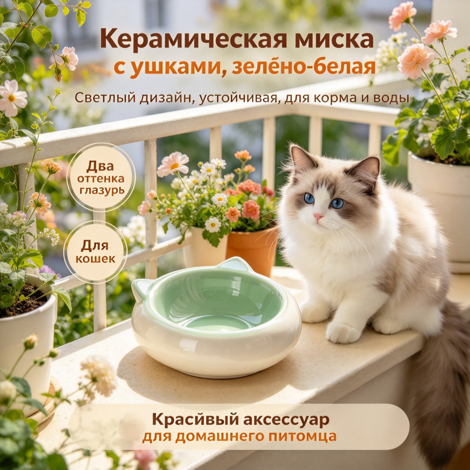 Керамическая миска для питомцев с рельефными ушками, противоскользящая миска для кошек, защищает шею, красивая посуда