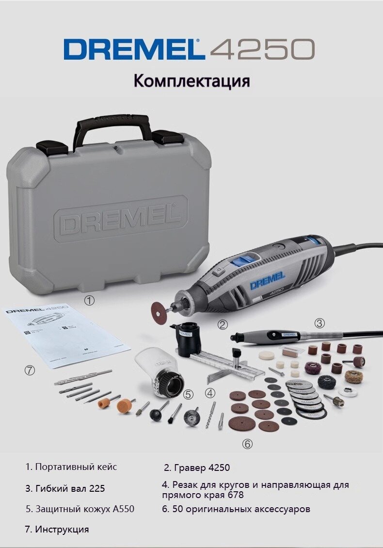 Гравер Dremel 4250, 50 насадок, 175 Вт, 5000–35000 об/мин, EZ Twist, кейс