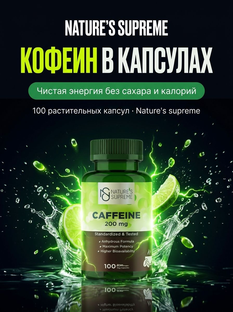 Кофеин капсулы Nature's Supreme 200 мг энергия концентрация бодрость без сахара и калорий 100 капсул веганские
