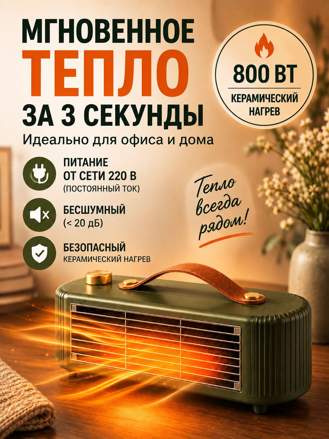 Керамический тепловентилятор 800 Вт, быстрый нагрев за 3 секунды, тихий обогреватель для дома и офиса
