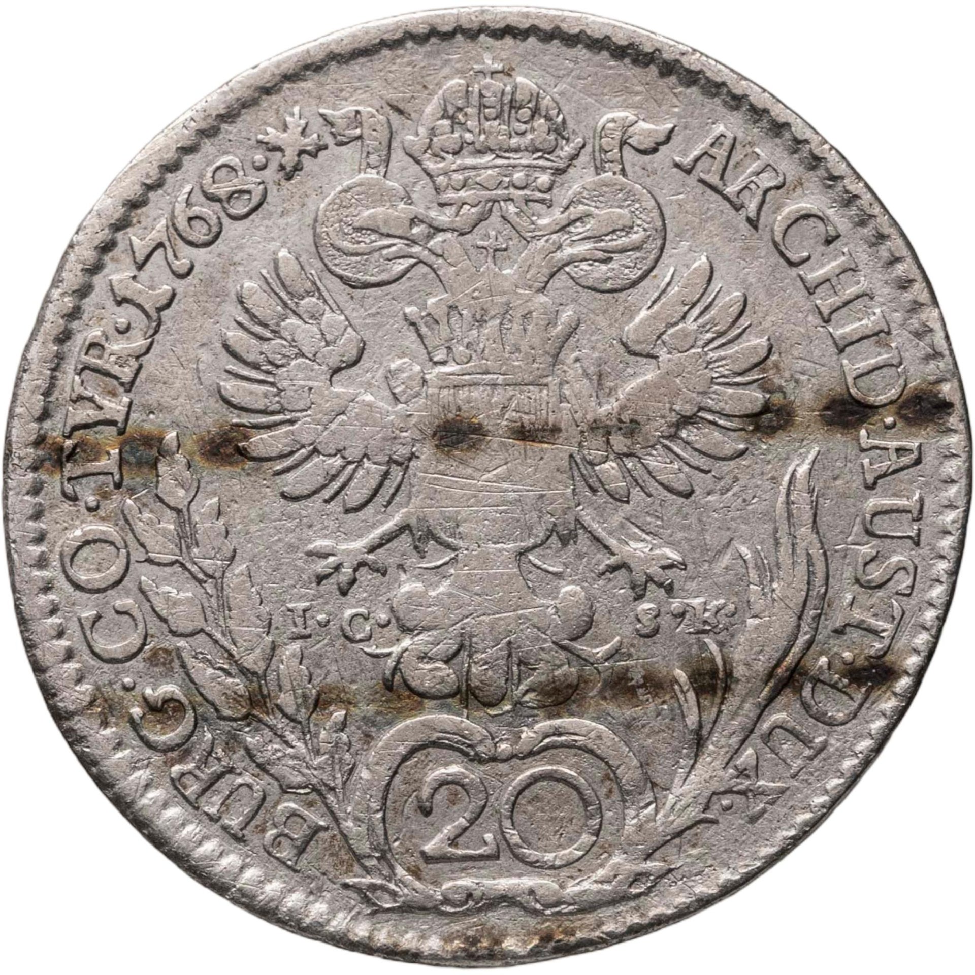 Австрия 20 крейцеров kreuzer 1768 Мария Терезия, Серебро 583, в сохранности F
