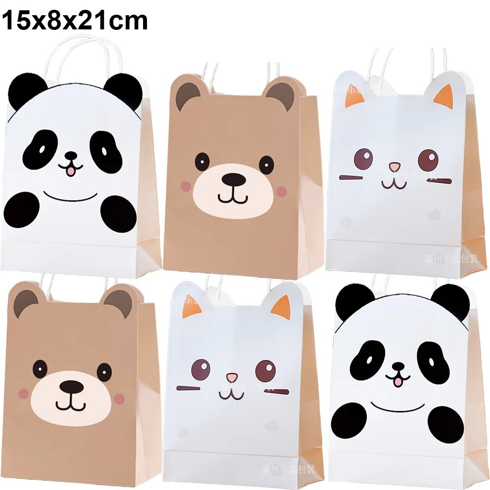 Бумажные пакеты для подарков PartiesTour с животными 6/12/24/48 шт. panda cat bear, 6pcs 15x8x21cm