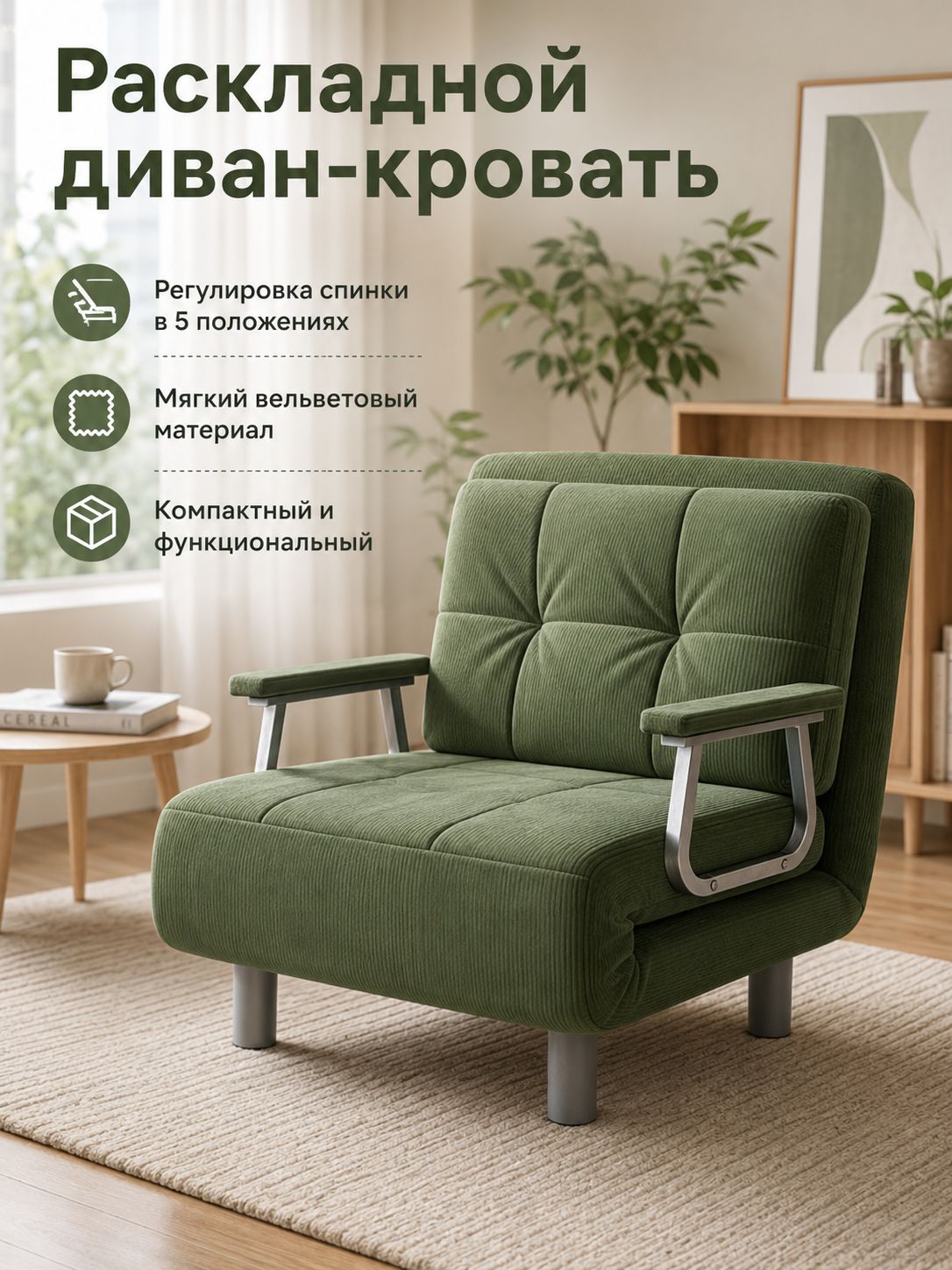 Складной диван-кровать из вельвета, 65 см, зелёный, 5 положений спинки, металлический каркас