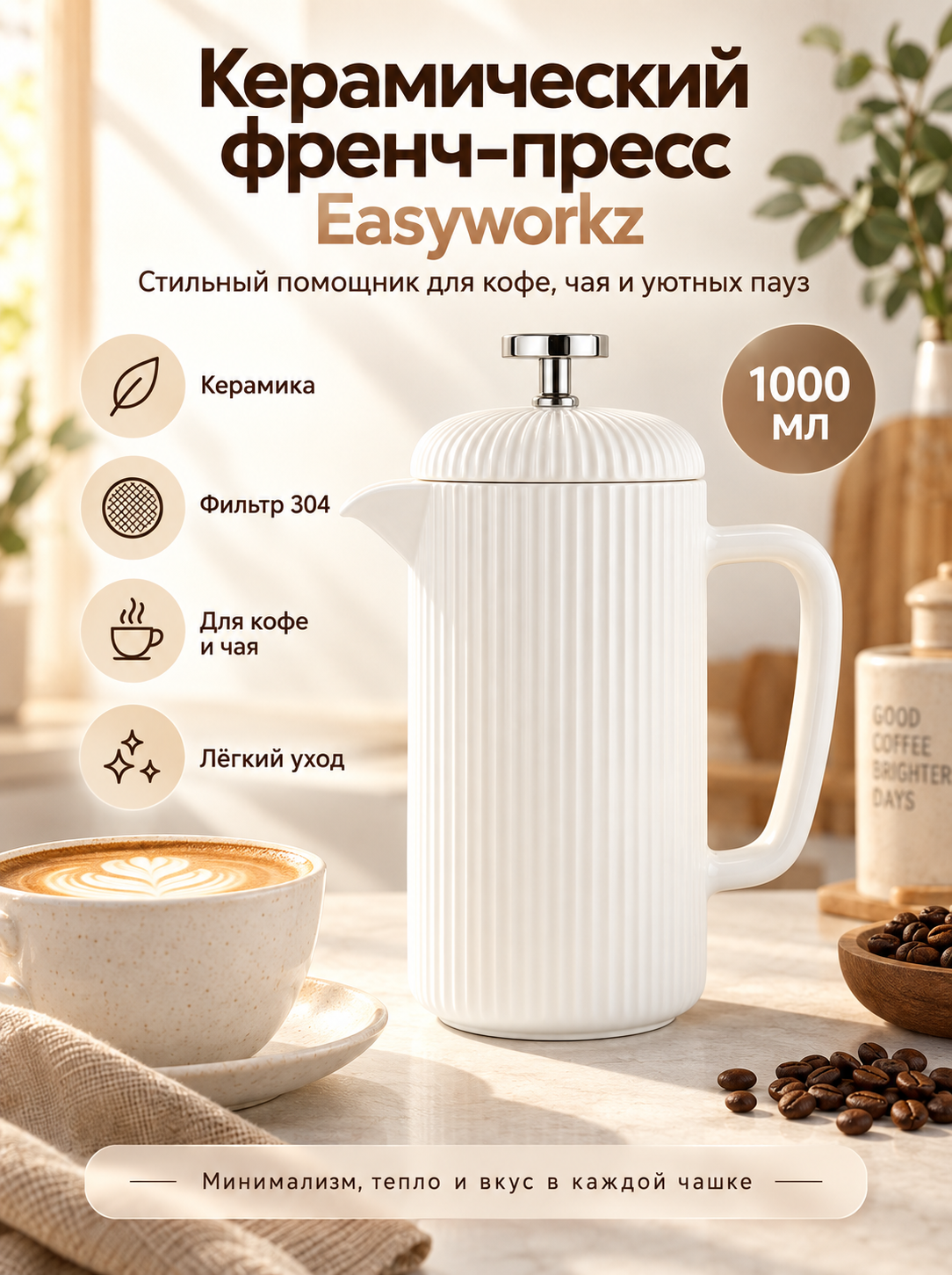 Френч-пресс керамический, Easyworkz, 1000 мл, жаропрочный, для кофе и чая, сохранение тепла, заварочный чайник