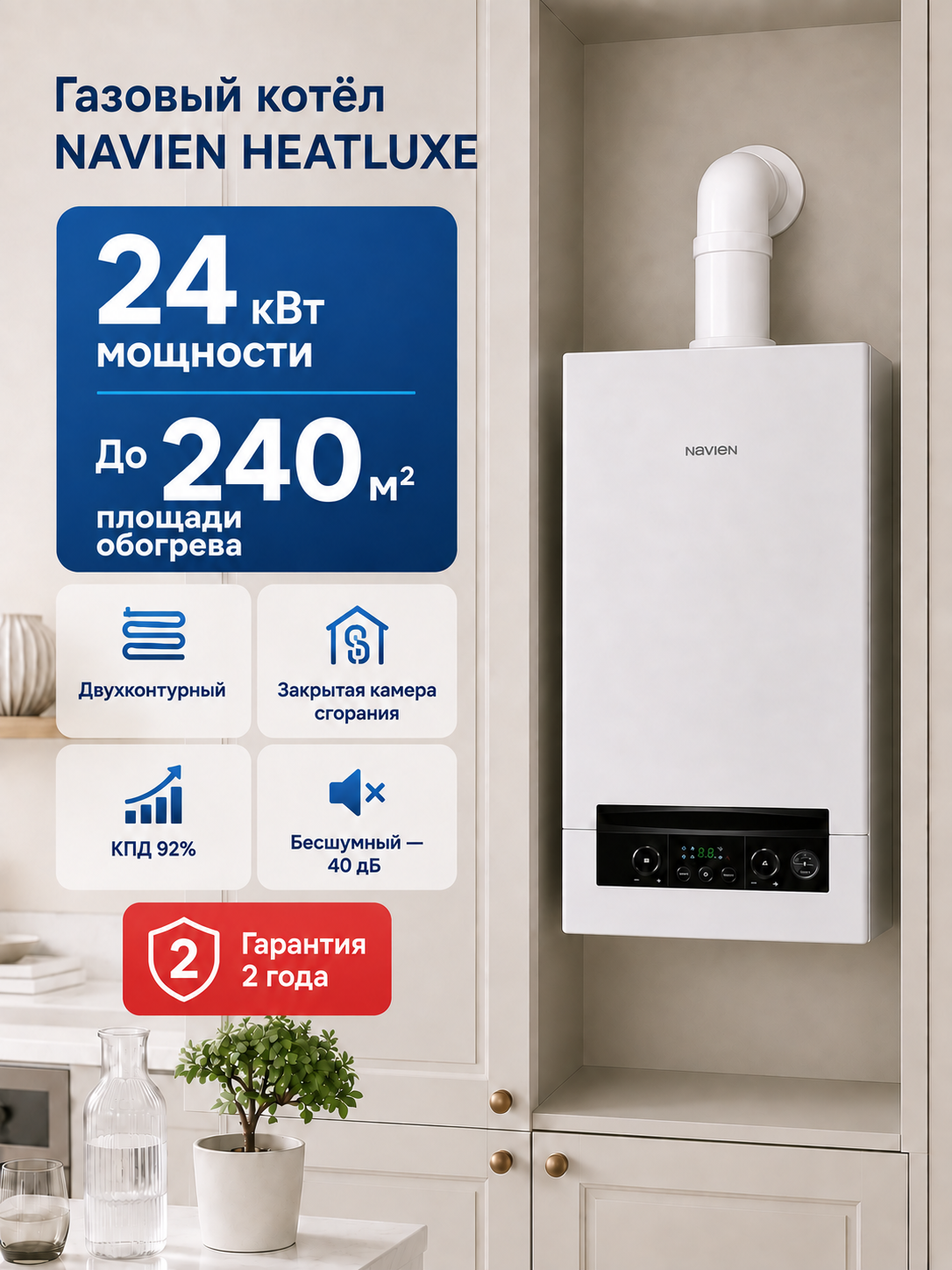 Котёл газовый Navien Heatluxe NGB210 - 24K, закрытый, 2-ух контурный, коаксильный
