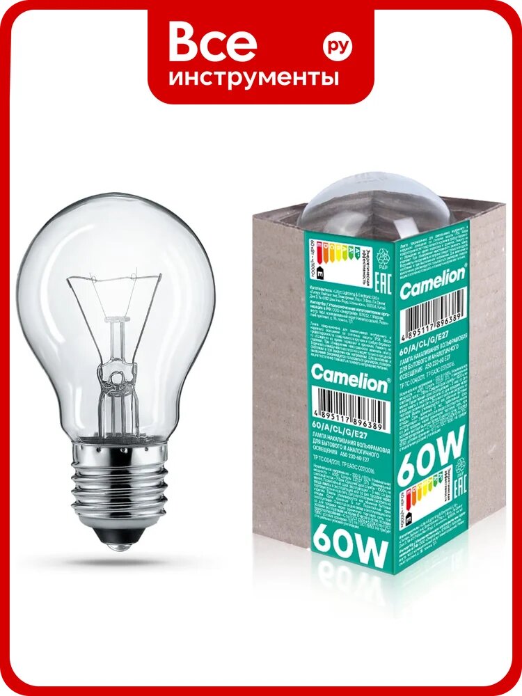 Лампа накаливания Camelion 60/A/CL/E27/G (с прозрачной колбой, ЛОН, гофра, Б230-60-6) 15042