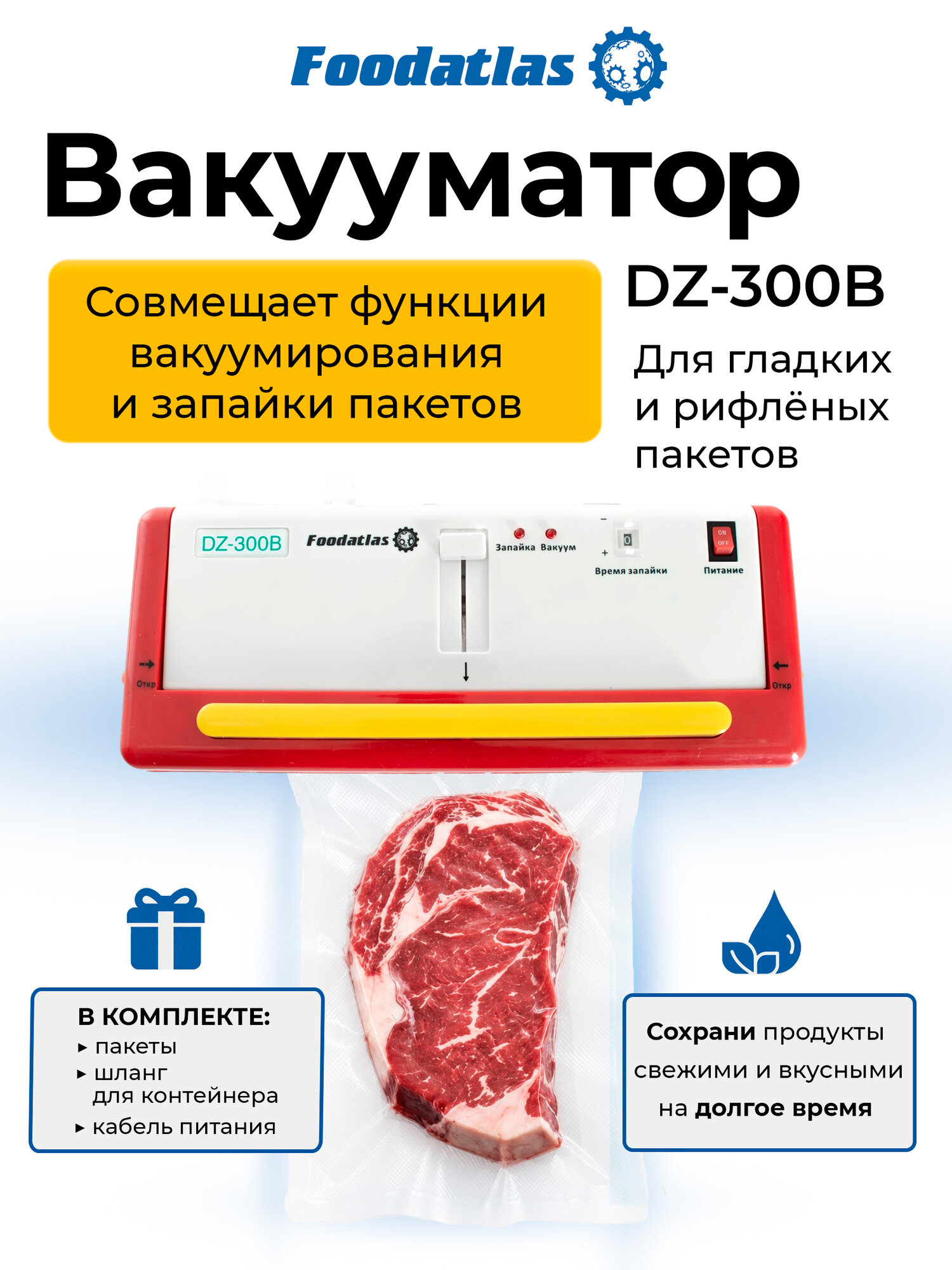 Вакуумный упаковщик c удалением жидкости DZ-300B Foodatlas Pro