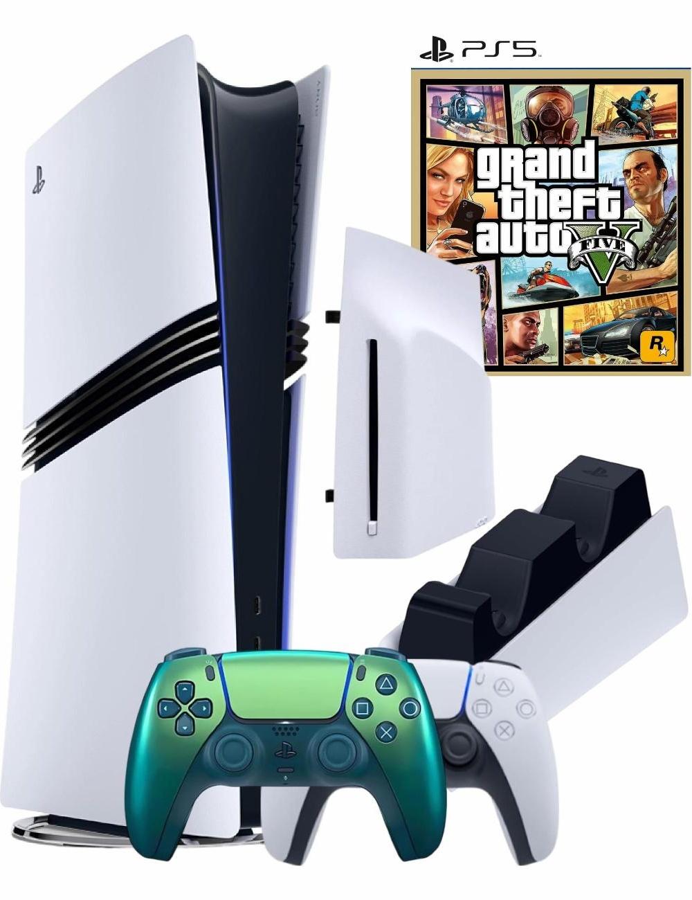Игровая приставка Sony PS5 Pro + 2й геймпад зеленый хром + игра GTA + станция зарядки + дисковод