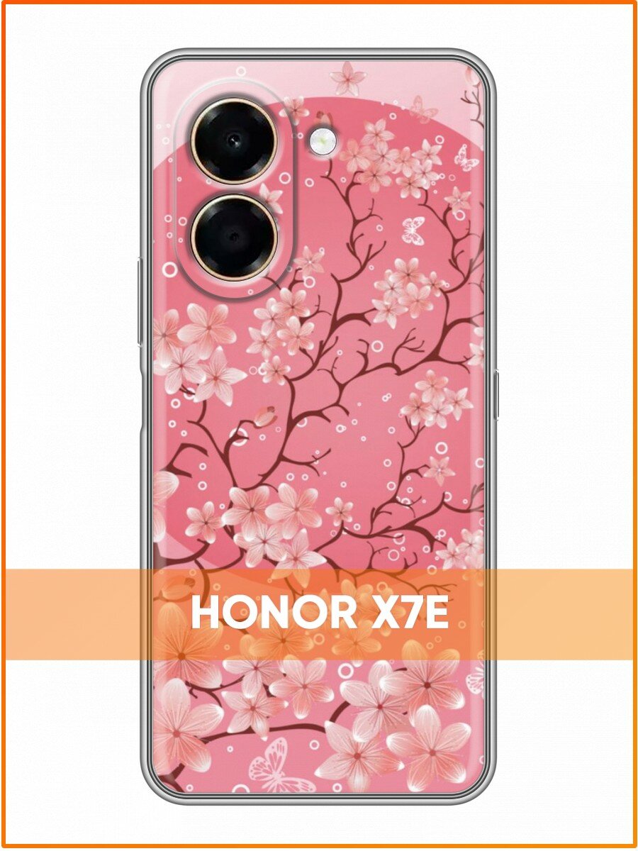 Чехол для Honor X7e с принтом Цветение сакуры на розовом фоне (Хонор Х7е)
