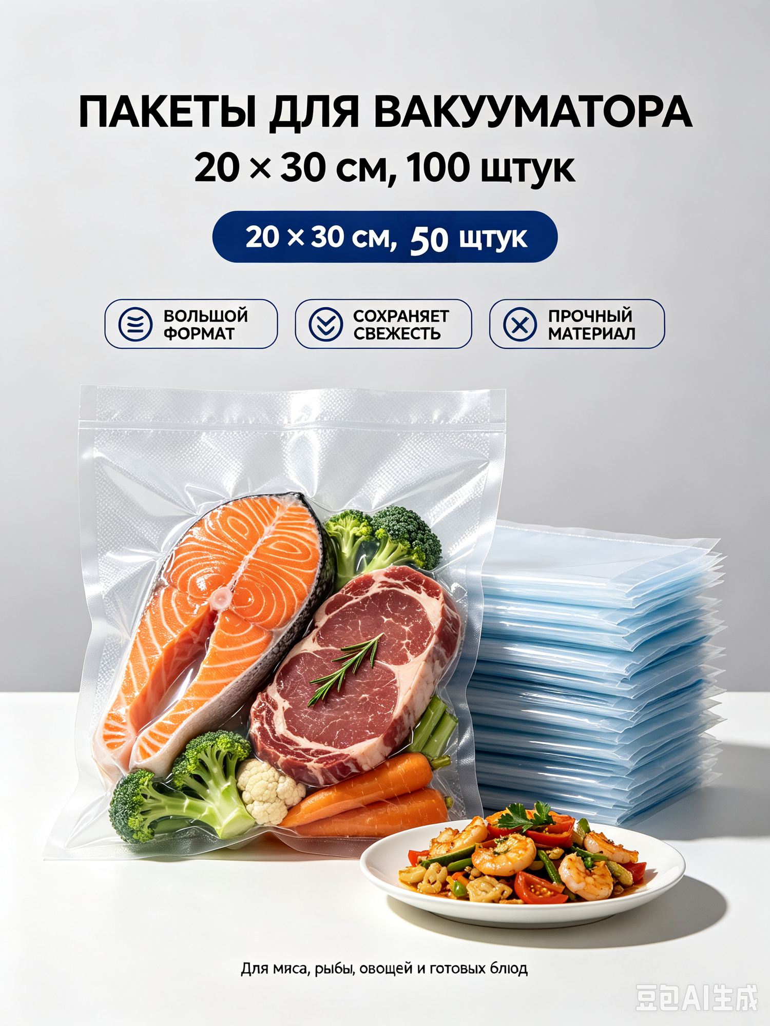 Пакеты для вакуумного упаковщика, рифленые, полиэтилен, 20x30 см