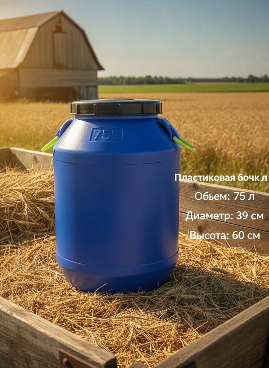 Пластиковая бочка 75 л с крышкой, прочная емкость для воды и сыпучих продуктов, для дачи и хозяйства синяя