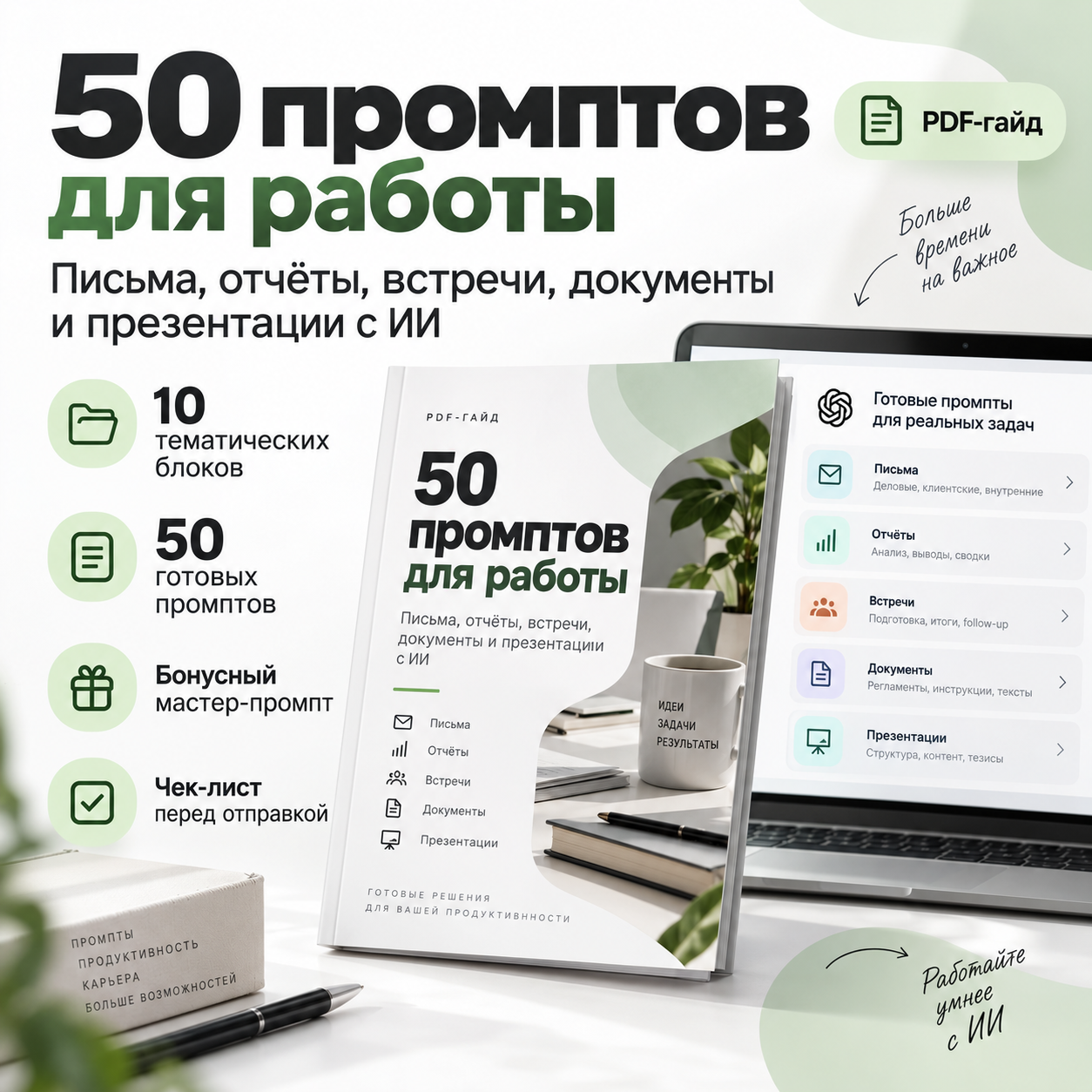 50 промптов для работы с ИИ — PDF-гайд для ChatGPT, писем, отчётов и встреч