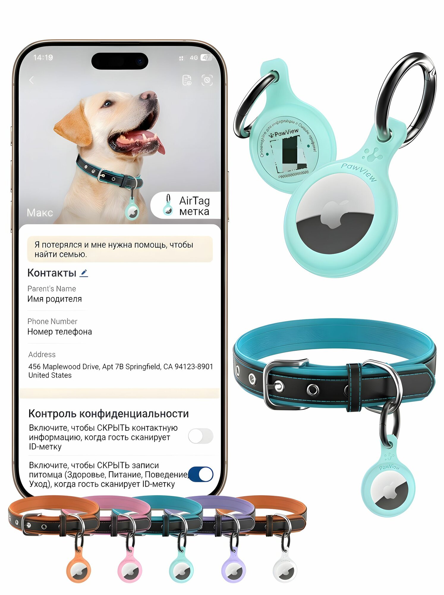 Ошейник для собак PawView из премиальной натуральной кожи с подвесным чехлом для AirTag, мятный (Тиффани), размер S